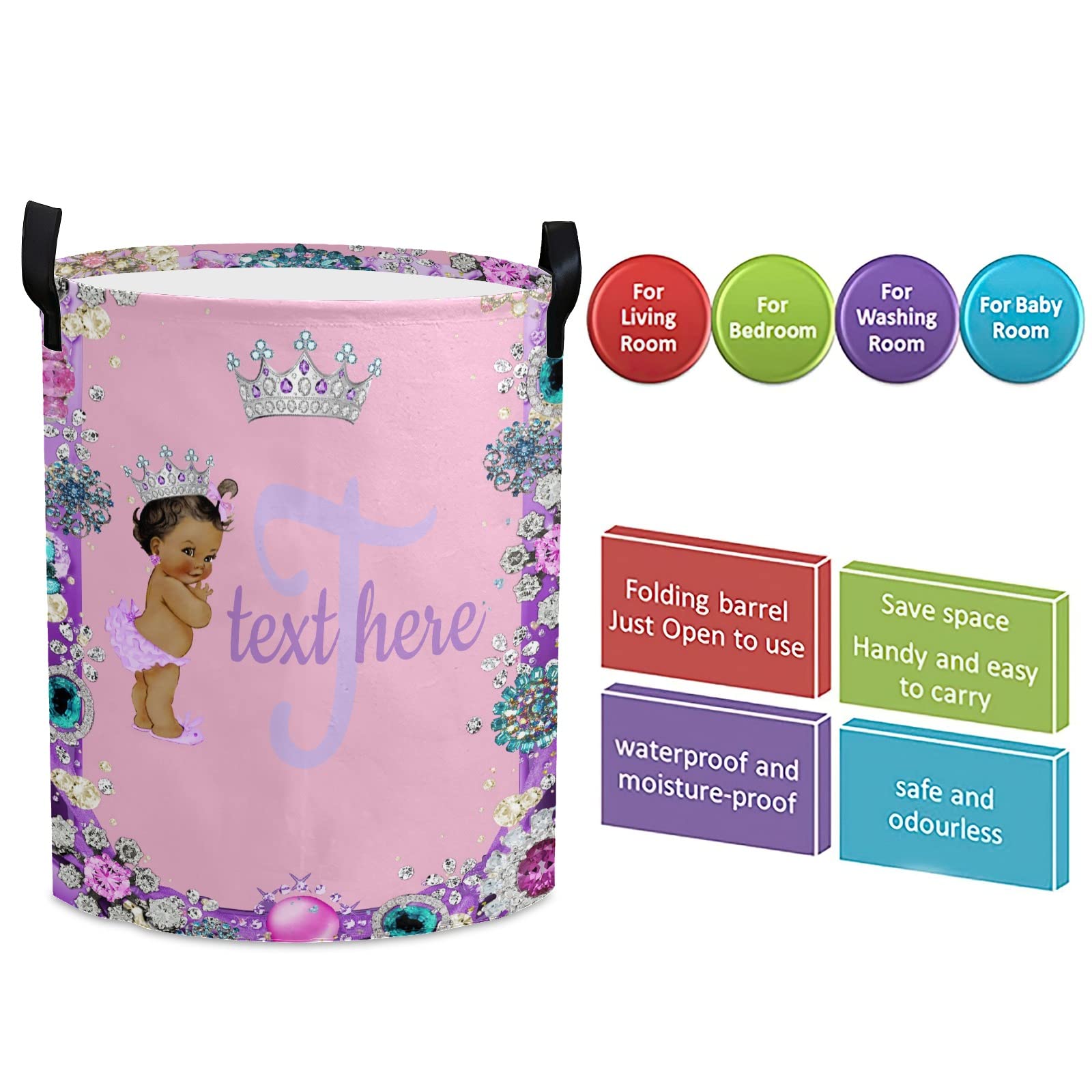 Personalized Custom Diamond Border Girl Collapsible Large Sized Clothes Hamper with Knitting Handles for Baby Girls Boys Kids Nursery Clothes Things