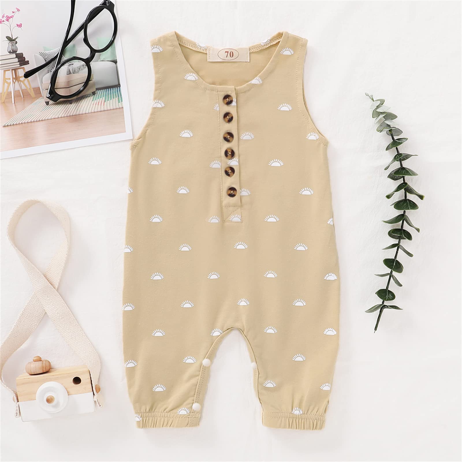 PATPAT Baby Boy Rompers Sleeveless Button Up Print Striped Solid Color Tank Jumpsuit Clothes Outfits Light Blue 6-9 Months