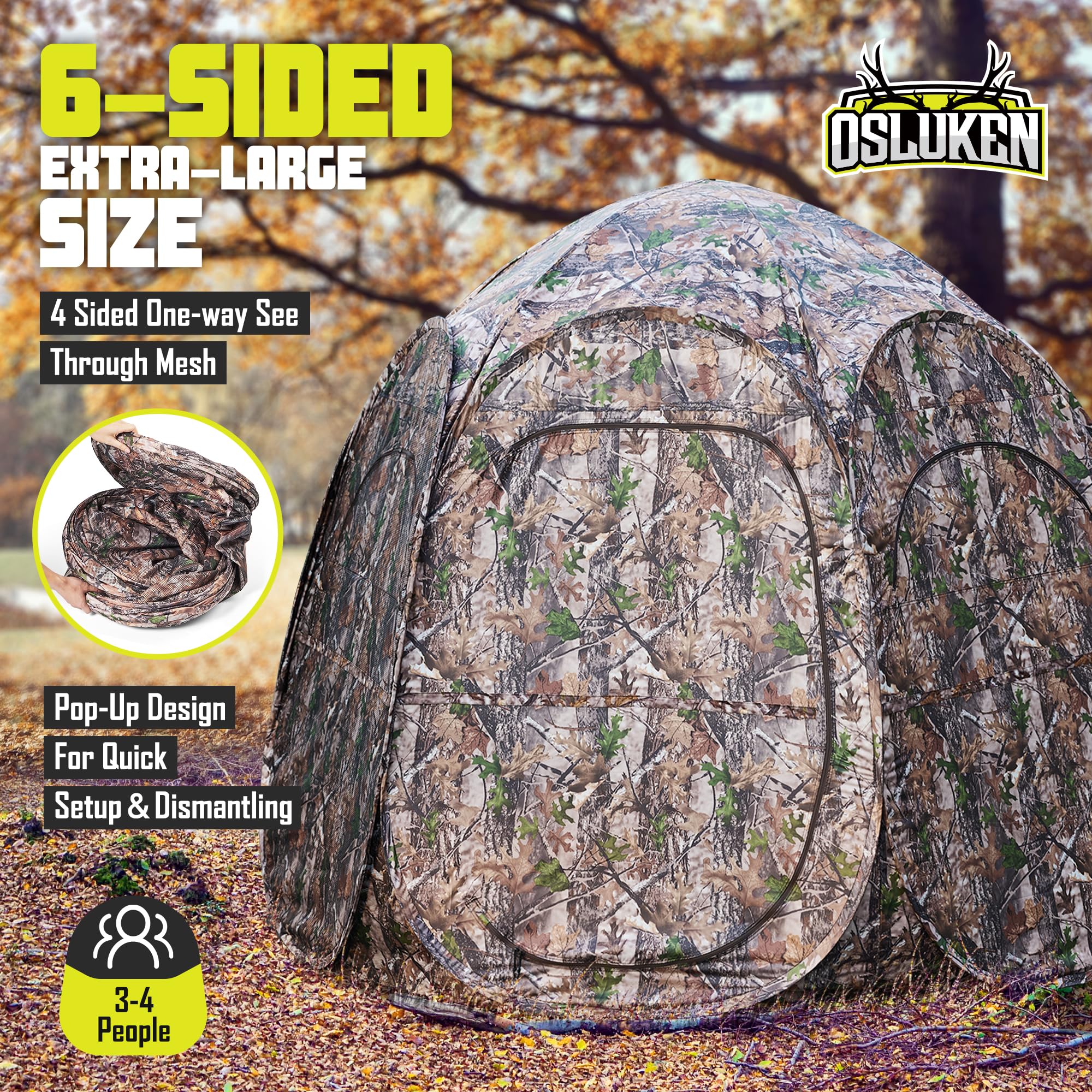 Hunting Blind See Through Portable,Pop-up 4-Person 6 Sided Huge Interior 150D Polyester Durable Hunting Tent for Deer & Turkey Hunting 84"x74"x78"H with Carry Bag (Camouflage)
