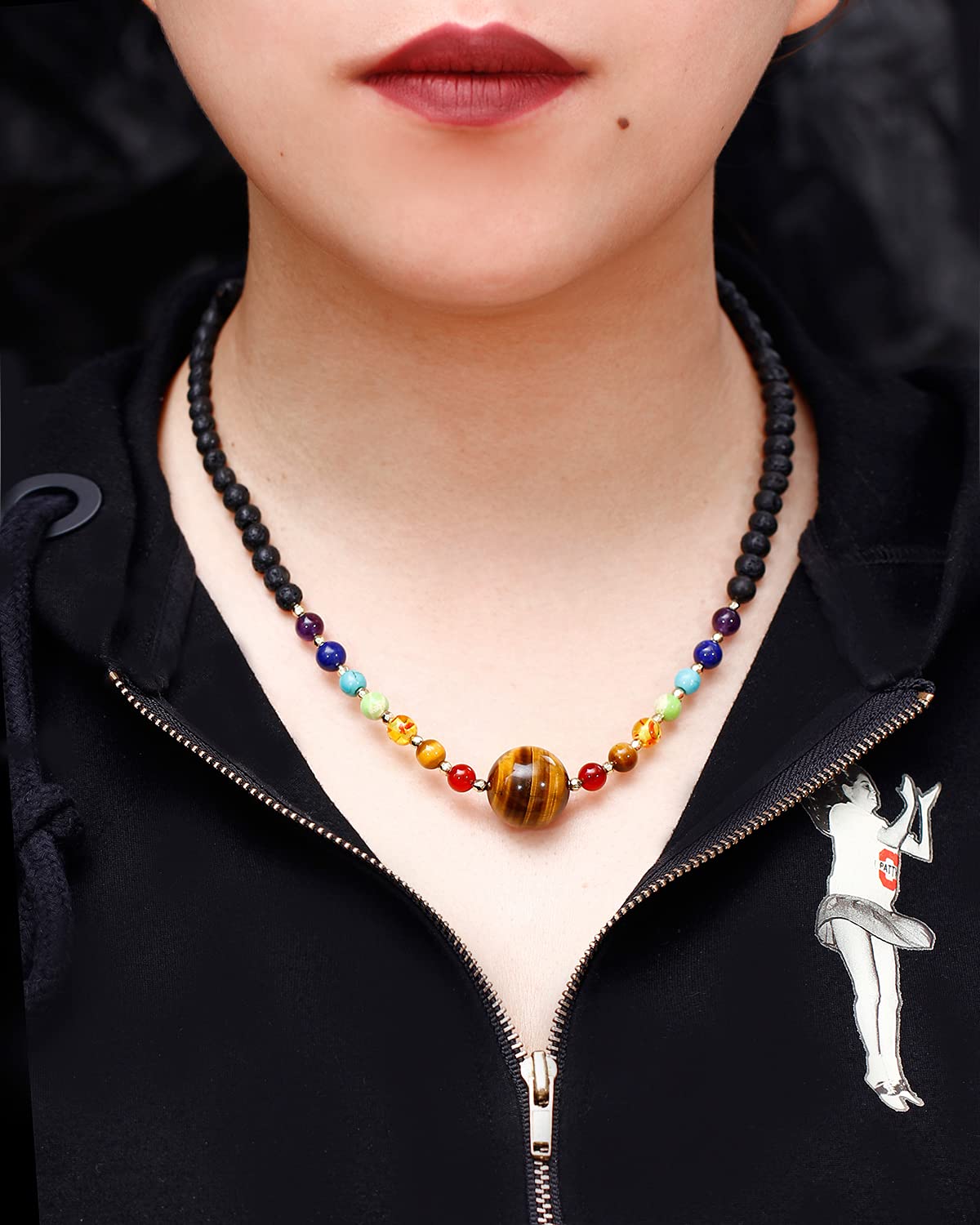 Jewever 7 Chakra Crystal Necklaces Healing Gem Stone Pendant Choker Necklace for Women Tiger Eye with Lava Rock Essential Oils Diffuser Energy Crystals Adjustable Strand(Yellow)