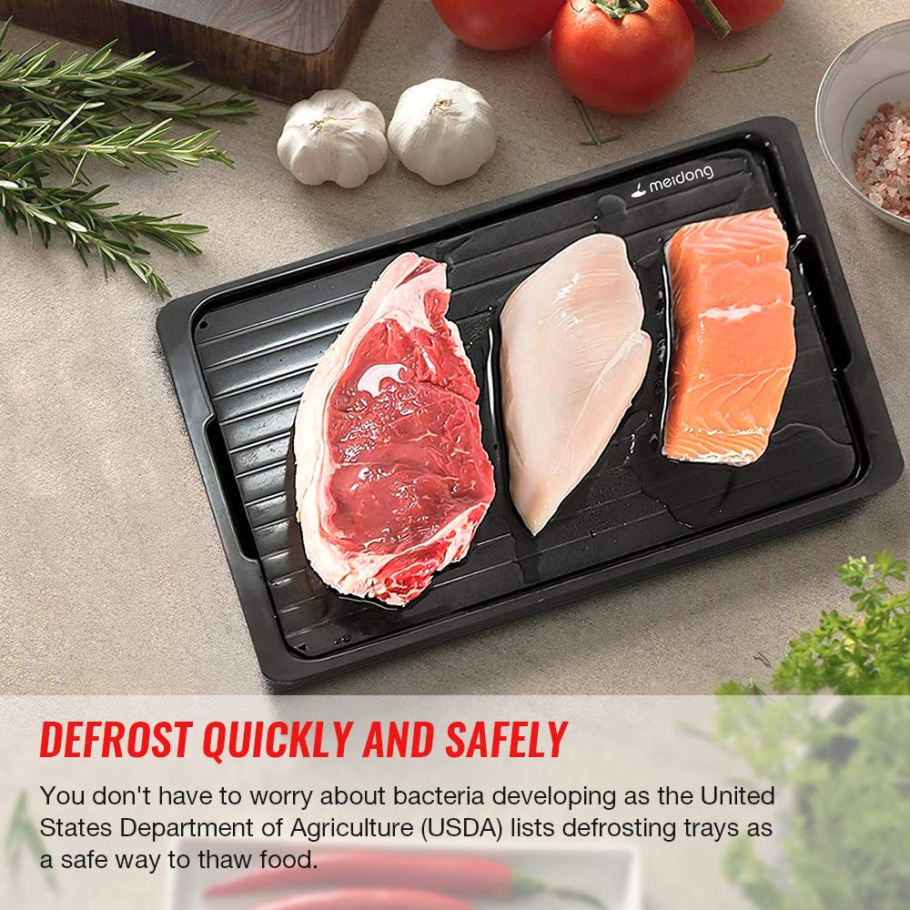 MEIDUNG Rectangular Silicone Defrosting Tray with Drip Plate, Tongs and Sponge for Fast and Safe Thawing of Frozen Foods