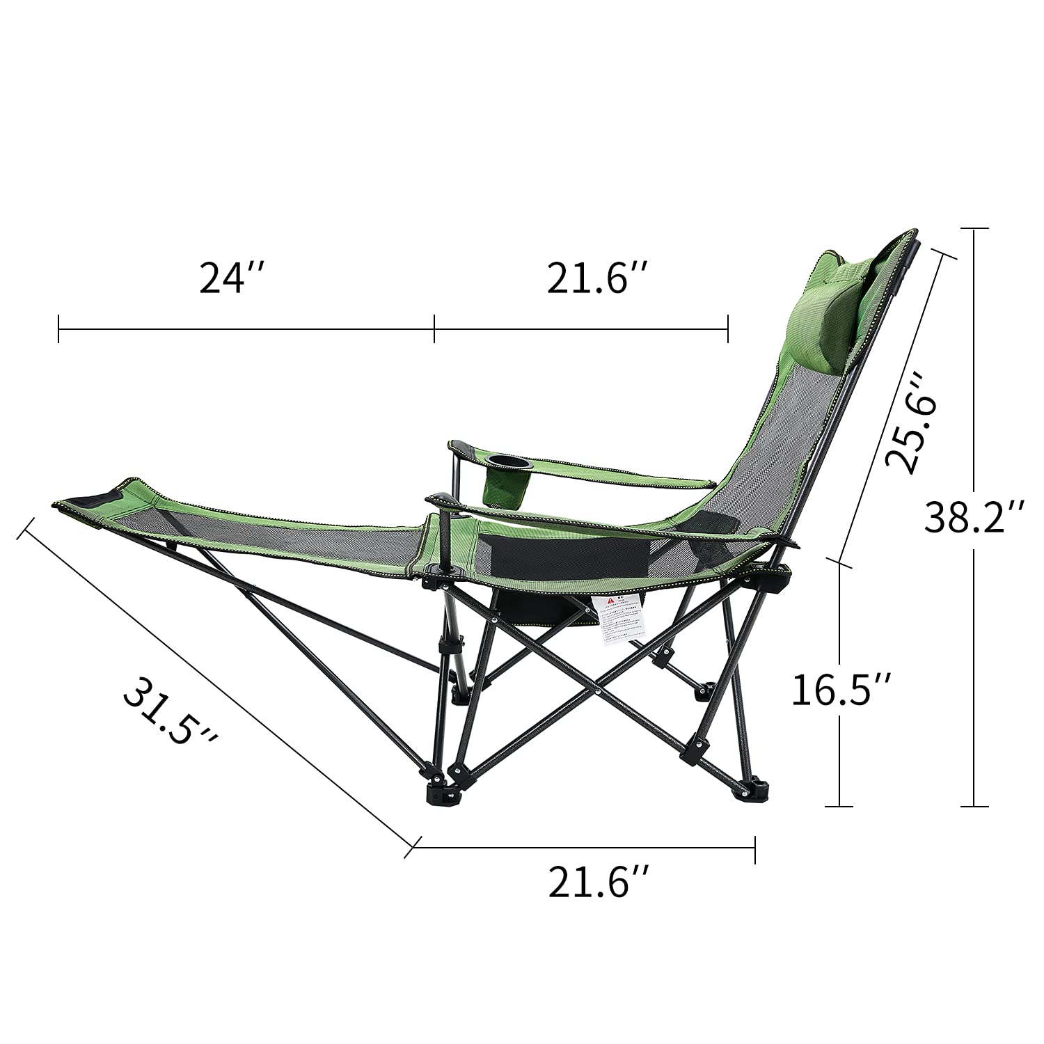 METKIIO Portable Camping Chair with Adult Detachable Footrest Mesh Folding Recliner, Green