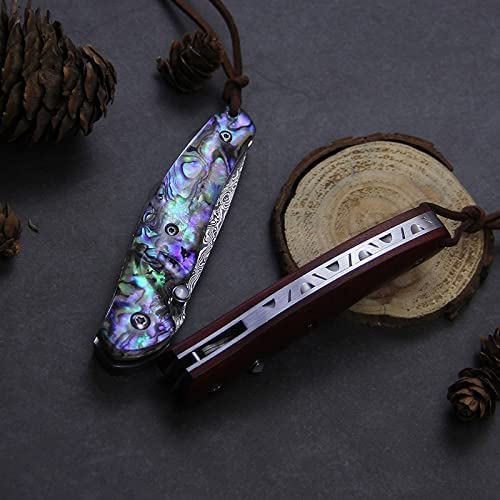 Omesio Damascus Pocket Knife Damascus Folding Knife Blue Abalone Handle Japanese Damascus Blade Pocket Knives Real Damascus Steel Folding Knife with Gift Box for Men/Dad/Father and Women