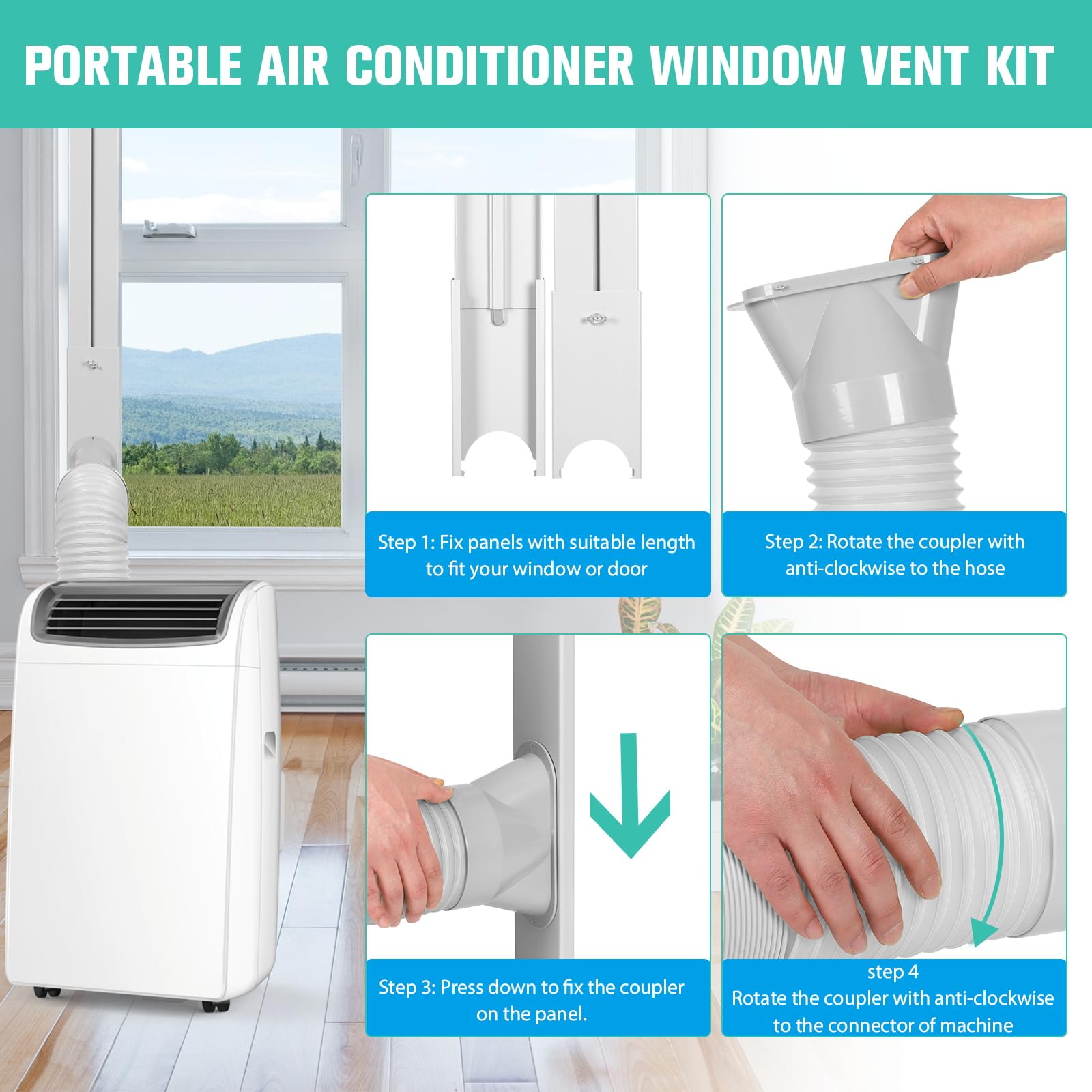 Nihoney Portable Air Conditioner Window Vent Kit with Exhaust Hose 5.1 Inch Diameter, Adjustable 59 Inch Length Exhaust Hose for AC Seal Plate with Universal for Sliding Window