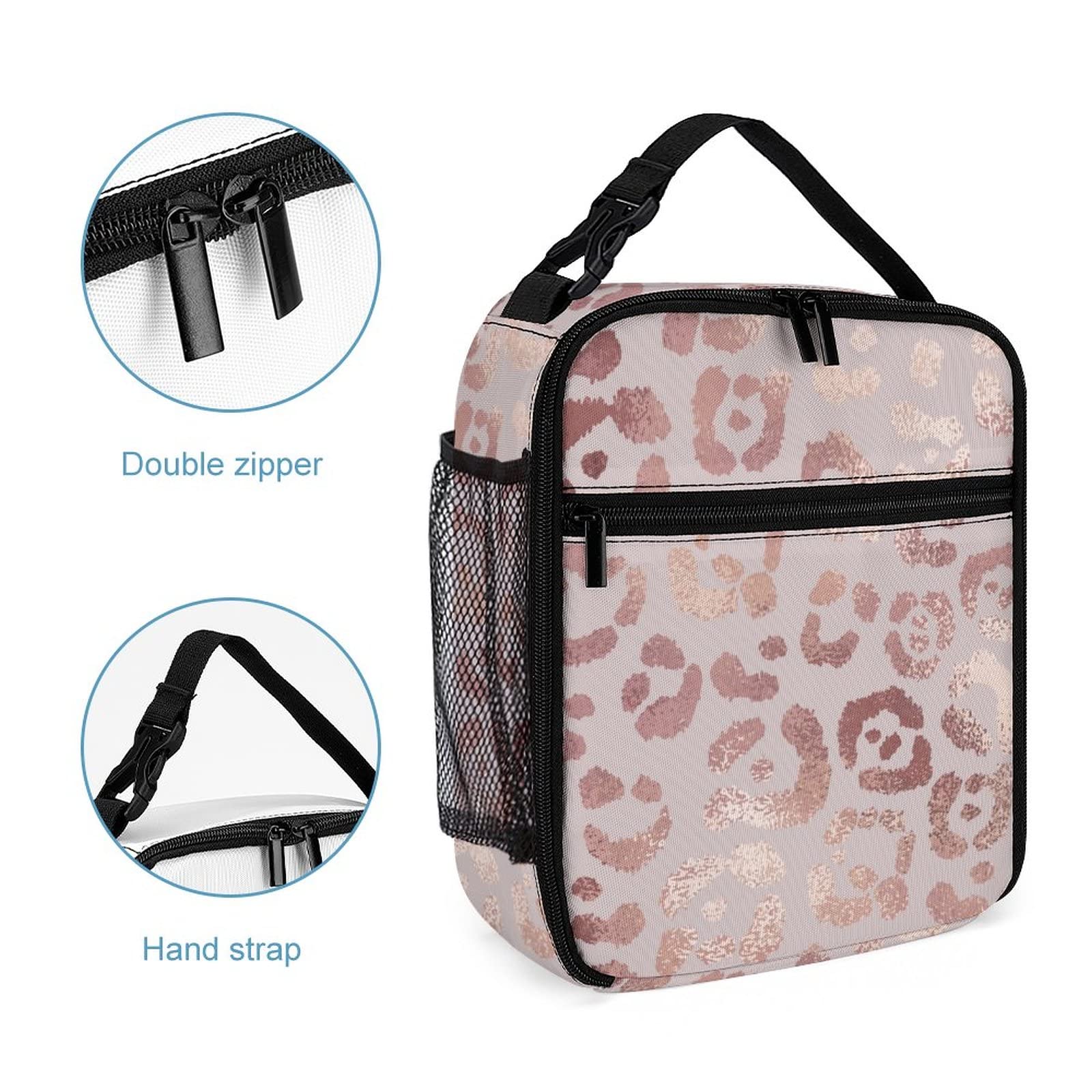 MINBHEBYUD Leopard Skin Rose Gold Lunch Bag for Men Women, Insulated Lunch Bags for Office Work, Reusable Portable Lunch Box