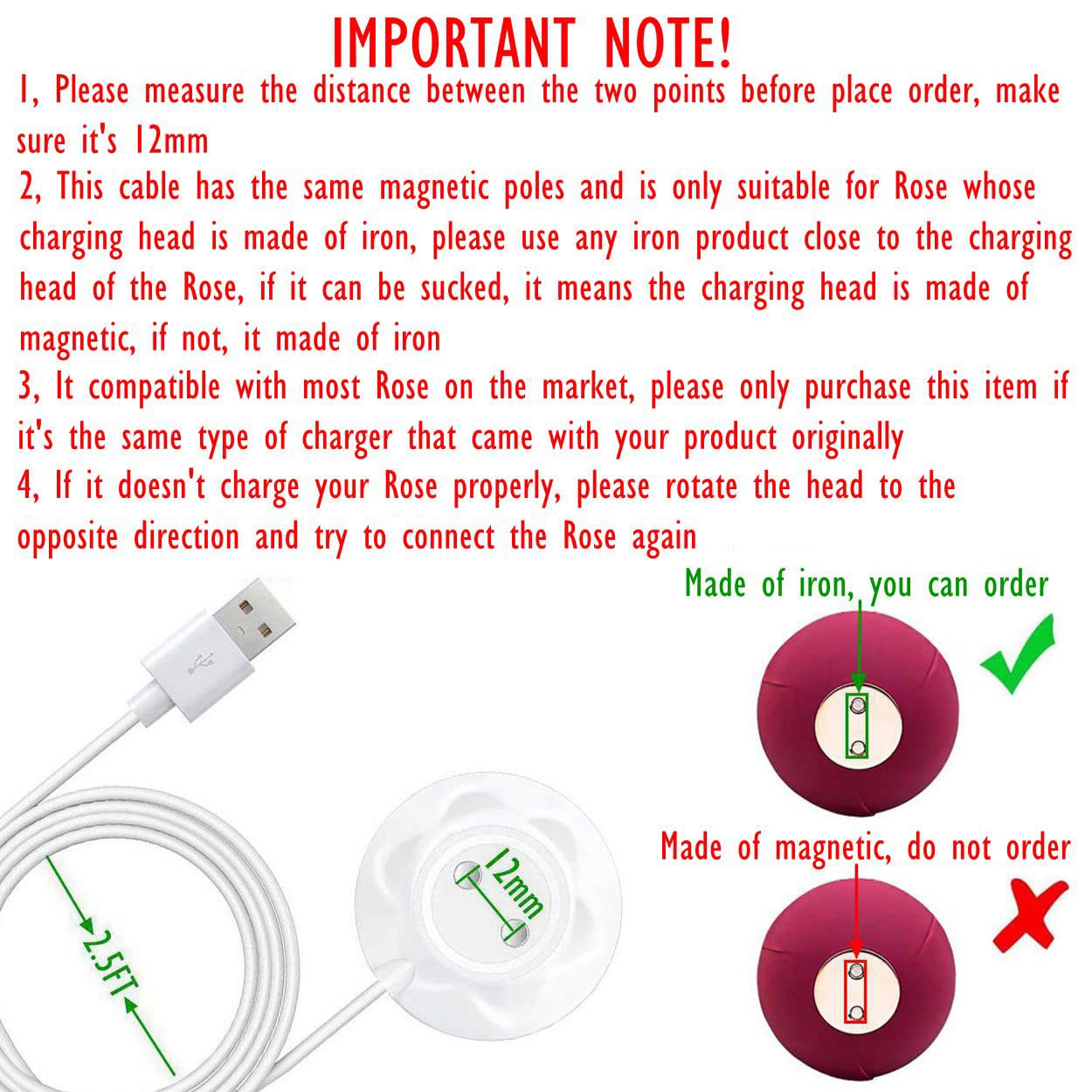Replacement Rose Charger, 2.5ft Fast Charging Dock Magnetic USB Charger Cable Station Stand Base Cord for Rose Only - 12mm/ 0.47inch