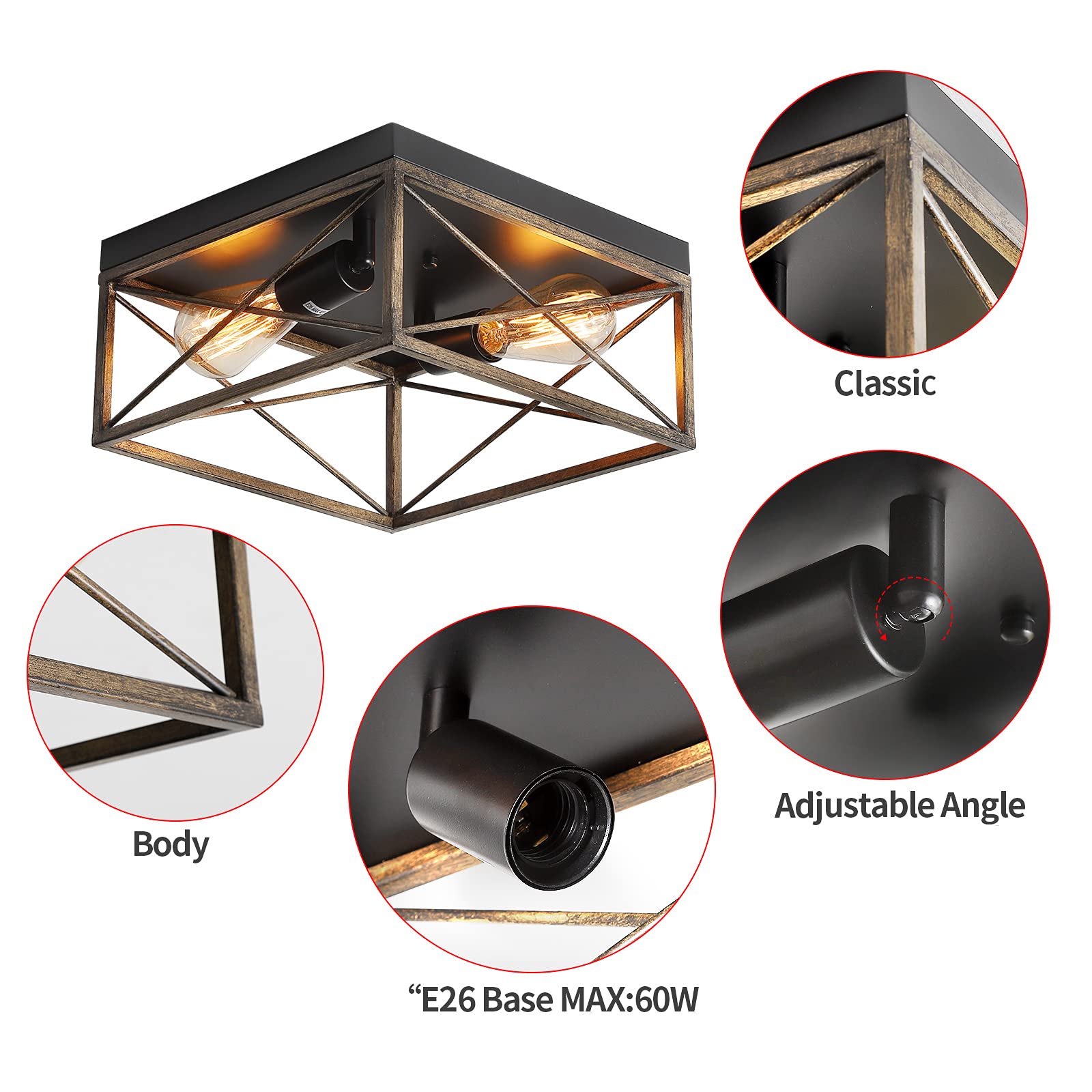 KDG Flush Mount Industrial Ceiling Light ,Adjustable,with Square Metal Cage Shade Ceiling Lighting for Entry Hallway Bedroom Bathroom.2 Lights,Faux Wood Finish