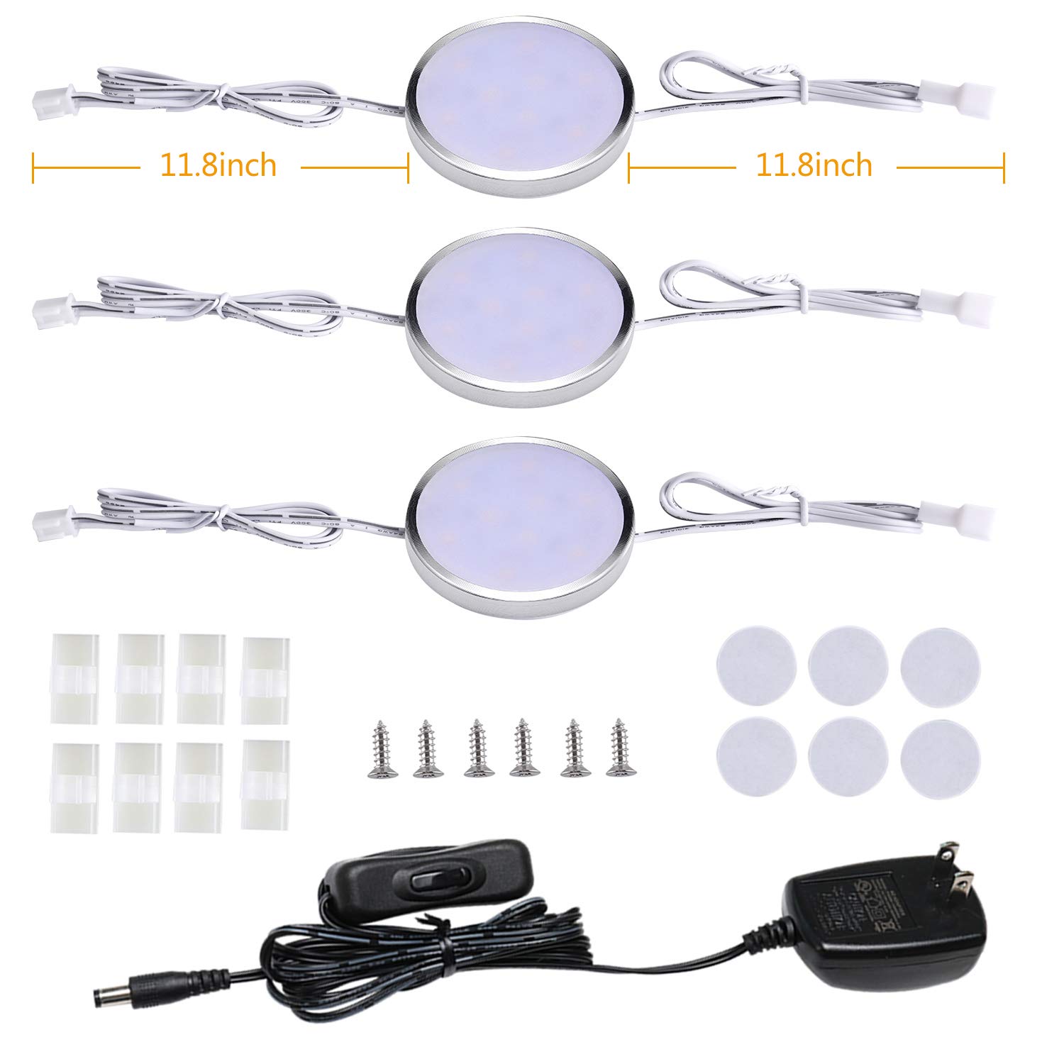LED Under Counter Lighting Fixture,3 Pack Wired Linkable Under Cabinet Lights for Kitchen,Plug in Puck Lights with Manual Switch for Wardrobe Closet Showcase Bookcase(6000K Daywhite)