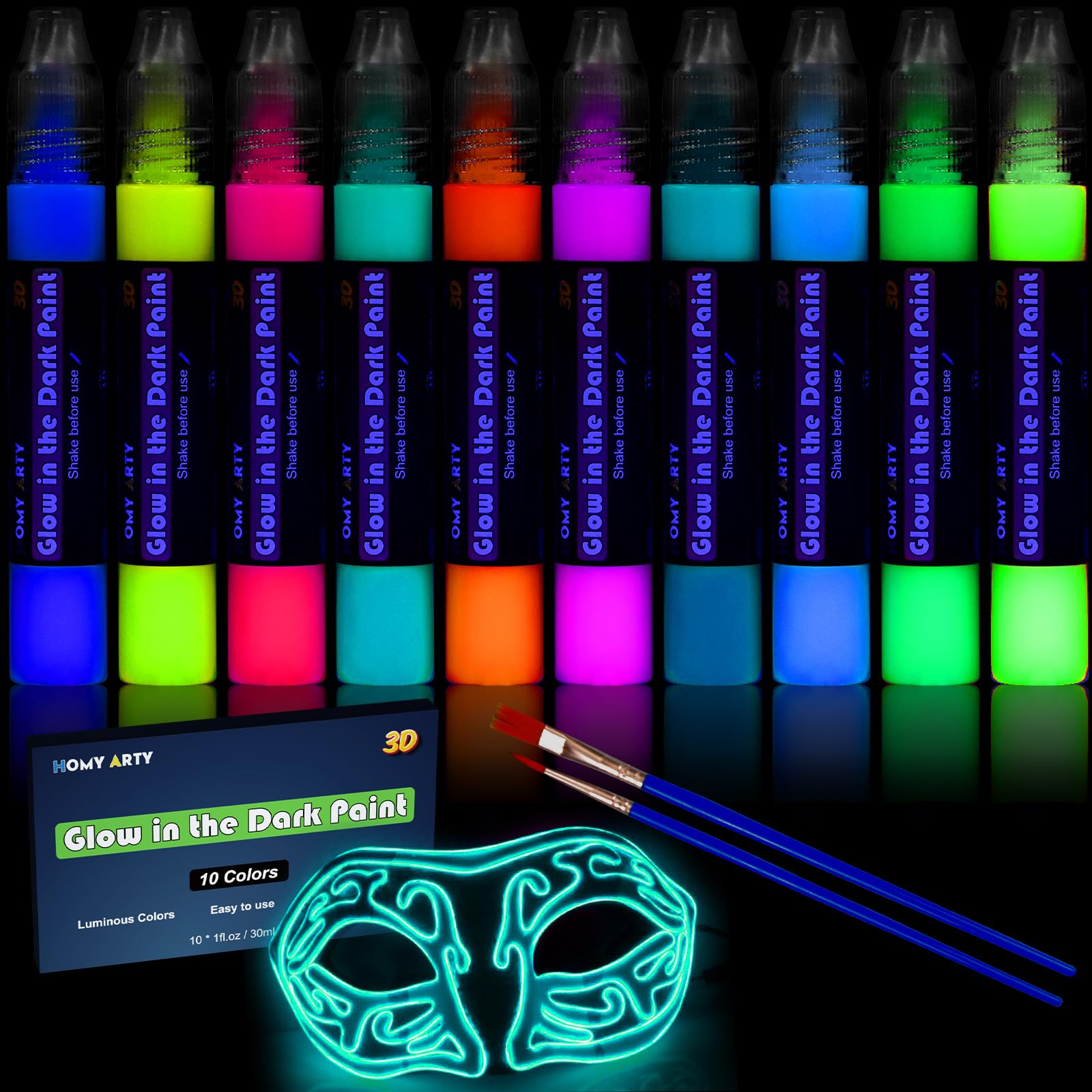 HOMY ARTY Fabric Paints, Glow in the Dark Paint -10 Colors x 30ml Long-Lasting Luminous Glow Acrylic Paint for T-Shirt, Canvas, Art Supplies, DIY Decoration