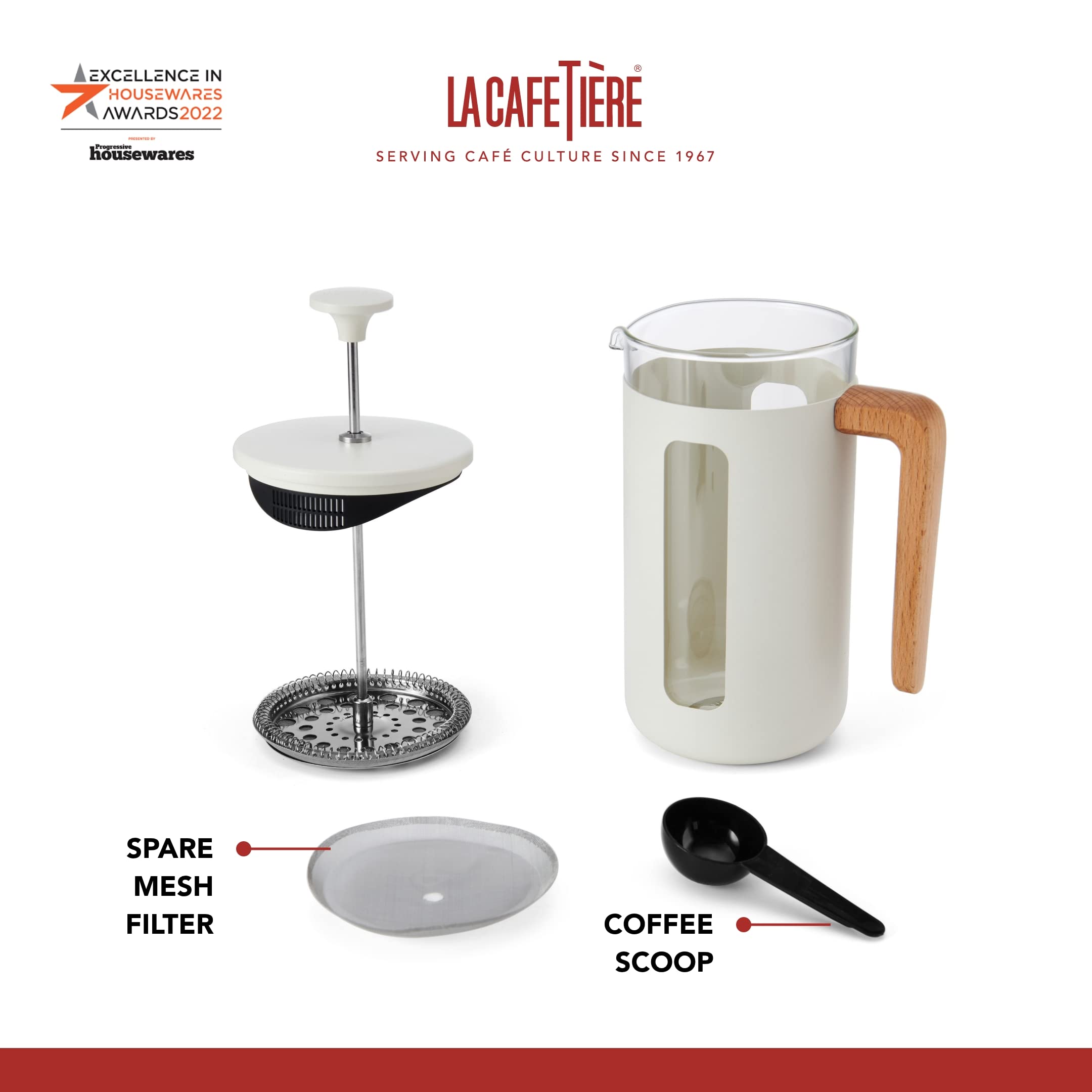 La Cafetière Pisa Cafetière, 8-Cup/1L, Heat-Resistant Borosilicate Glass and Stainless Steel with Easy-Grip Plunger, Large French Press Coffee Maker for Loose Tea and Ground Coffee, Flint