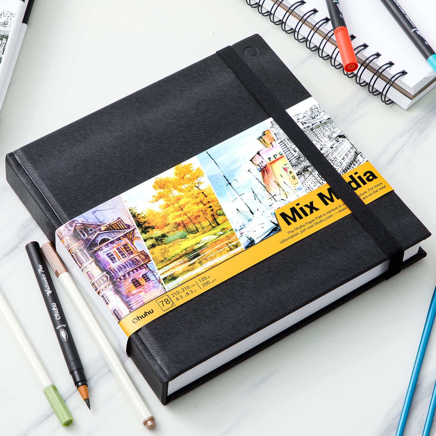 Ohuhu Markers, Alcohol Based Double Tipped Art Marker Set + Mix Media Pad, 8.3"x8.3" Mixed Media Art Sketchbook