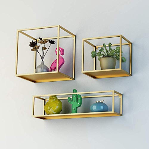 PIBM Stylish Simplicity Shelf Wall Mounted Floating Rack Shelves Iron Art Display Stand Bookshelf Cd Storage Simple Background Wall Living Room,4 Sizes, Gold , 30X20X35cm