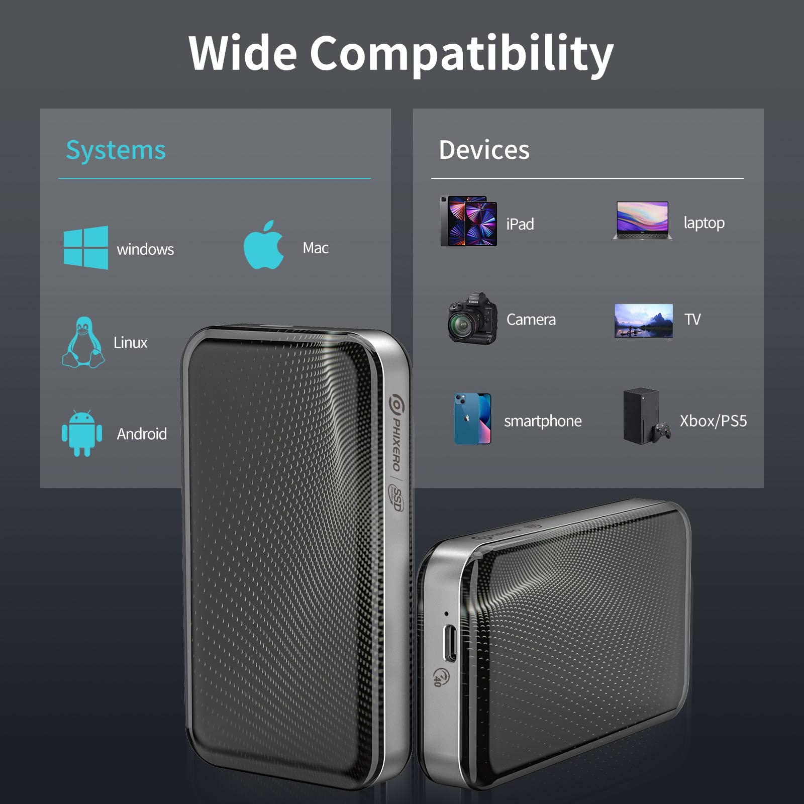 PHIXERO 2TB Portable SSD, 40Gbps Thunderbolt 4/3 USB4.0 up to 3150MB/s External Solid State Drive, High Speed Hard Drive for Photographers and Gaming Compatible with PC, Laptop, Mac and PS4/Xbox