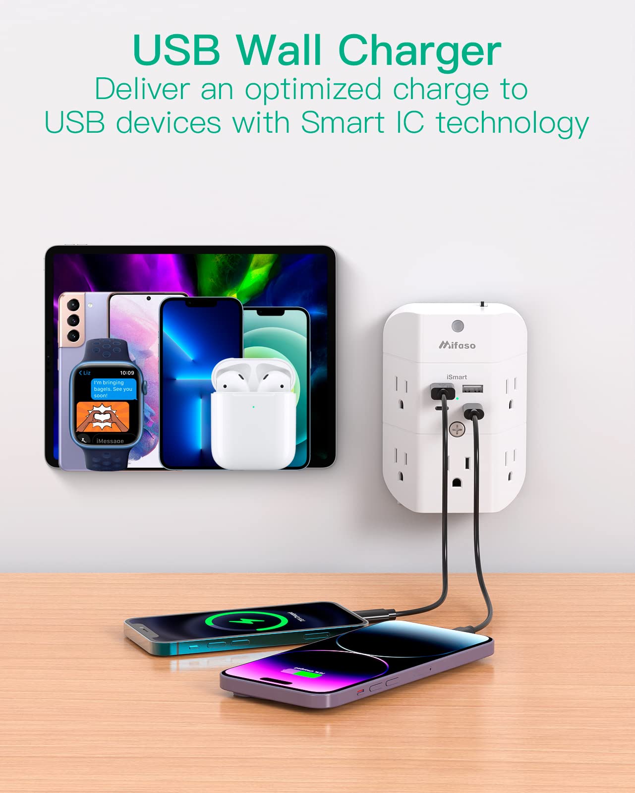Outlet Extender with Night Light, 5-Outlet Surge Protector with 3 USB Charging Ports, 1800J Power Strip Multi Plug Outlets Wall Adapter Expander with Spaced Outlets for Home, School, Office