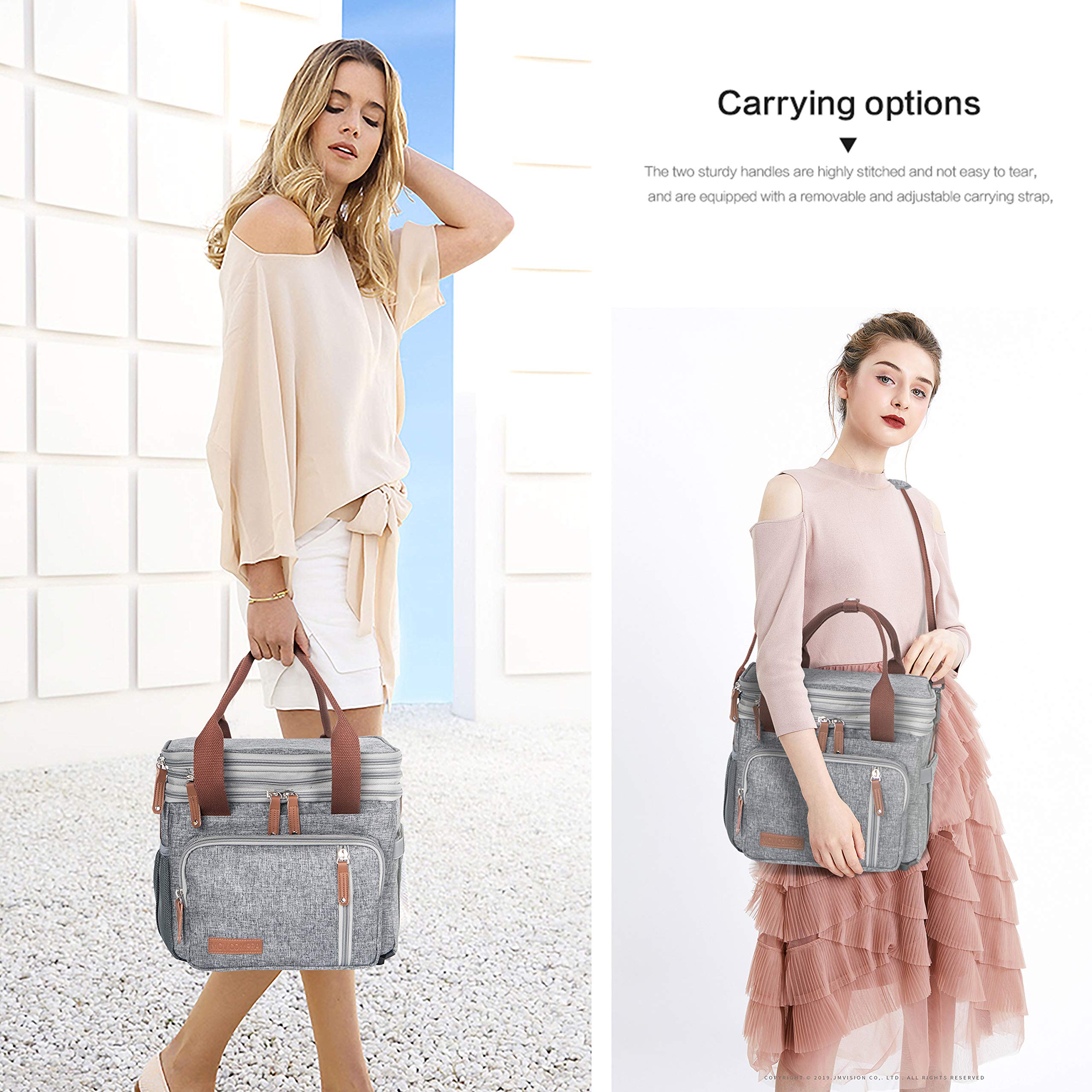 MOV COMPRA Adult Lunch Box for Work, Expandable Large Lunch Bags for Women Men, Leakproof Double Deck Lunch Box Cooler Tote Bag with Removable Shoulder Strap (Grey)