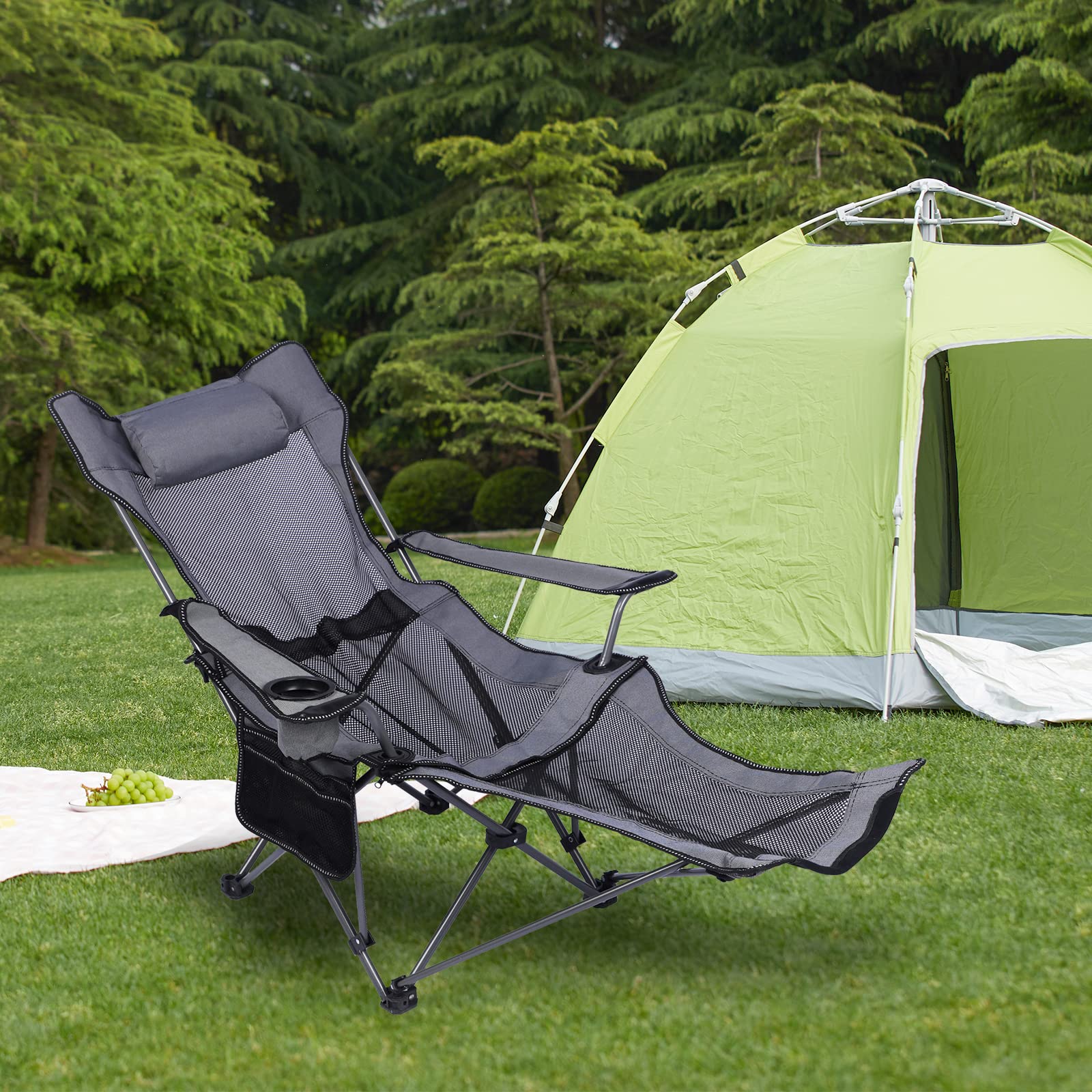 MYCOQU Camping Lounge Chair, Oversized Folding Reclining Camping Chair, Portable Recliner with Footrest, Carry Bag and Cup Holder, 320 Ibs Weight Capacity(Grey)