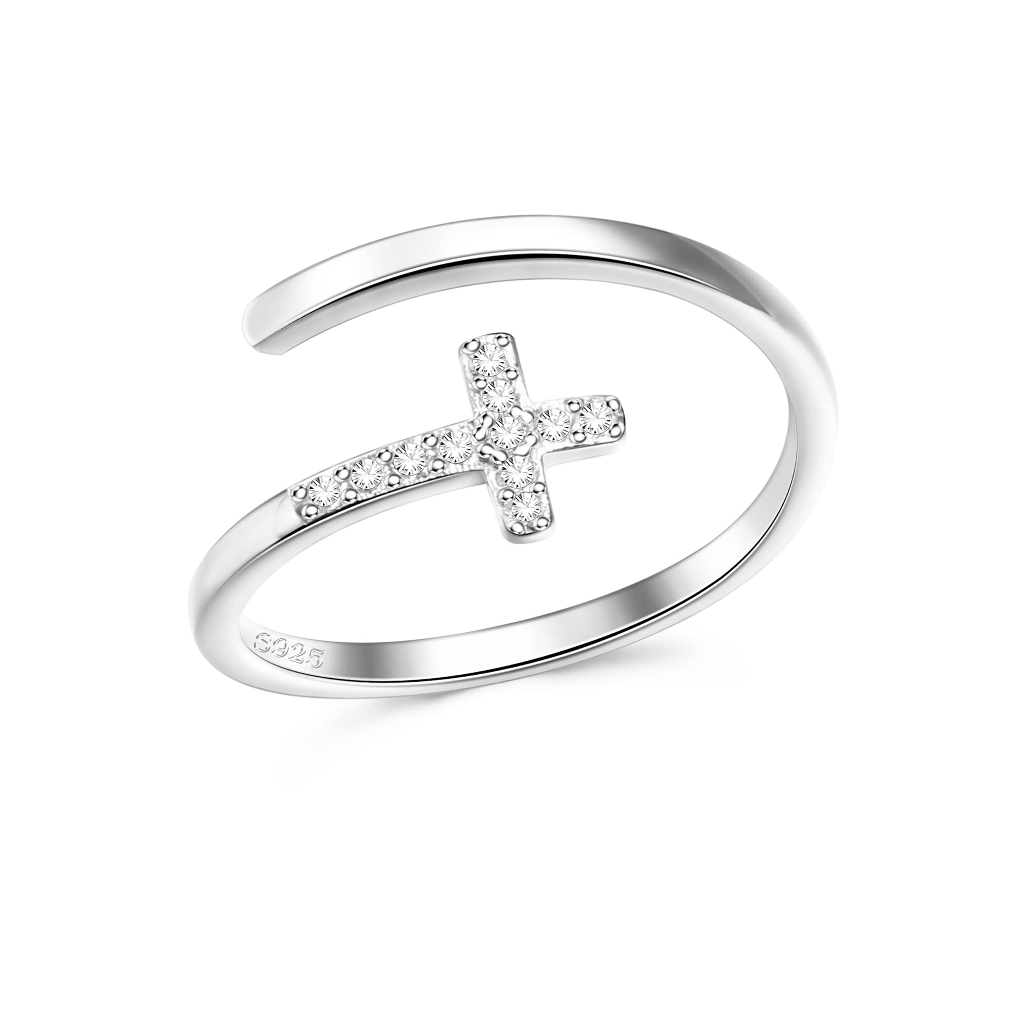 MUSECLOUD 925 Sterling Silver Cross Ring for Women Dainty Open Christian Ring Birthday Christmas Religious Jewelry Gift Simple CZ Cross Adjustable Ring