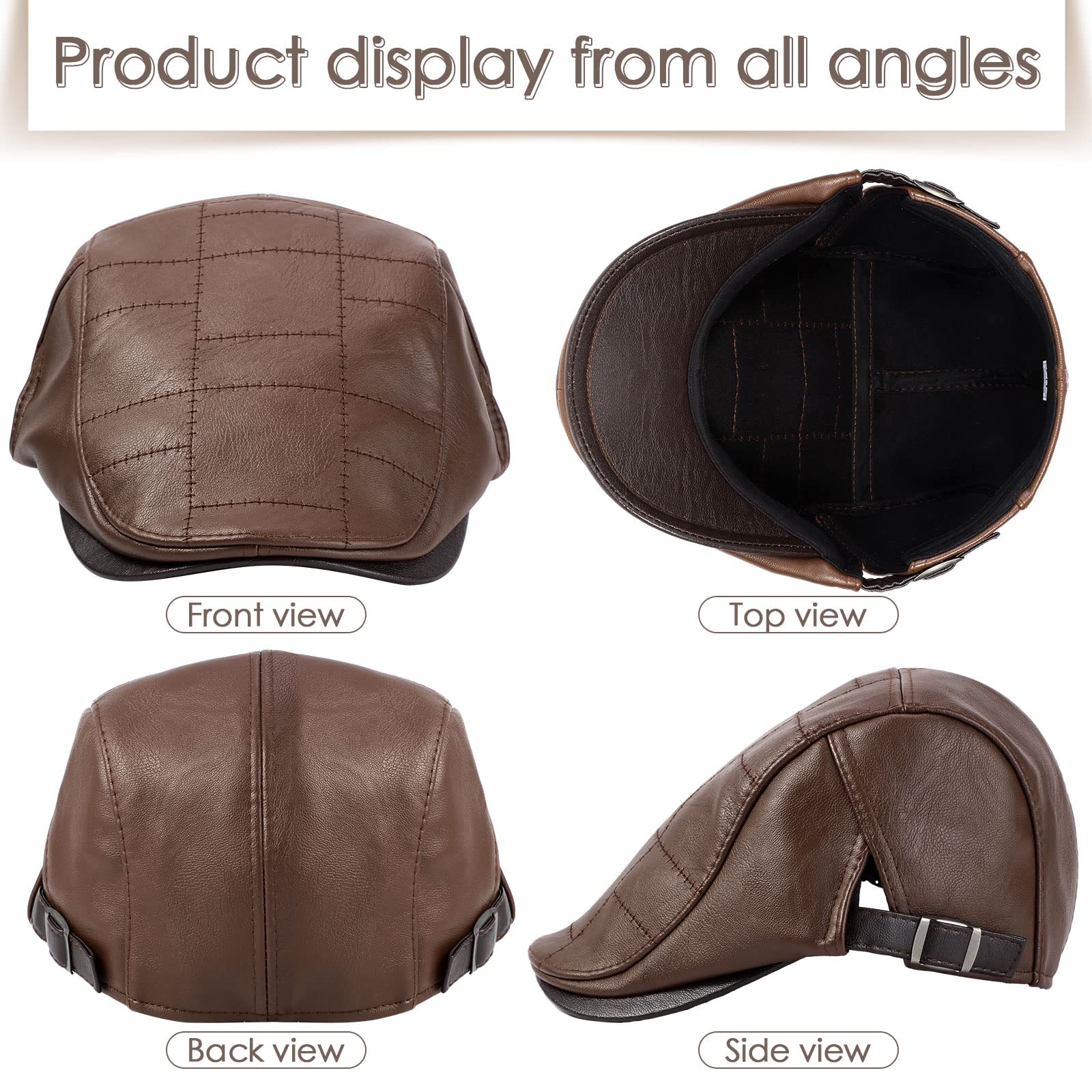 Men PU Leather Cap 2 Pieces Adjustable Newsboy Hat Winter Hat for Men Light Brown and Black Fishing Hat Leather Hats for Men