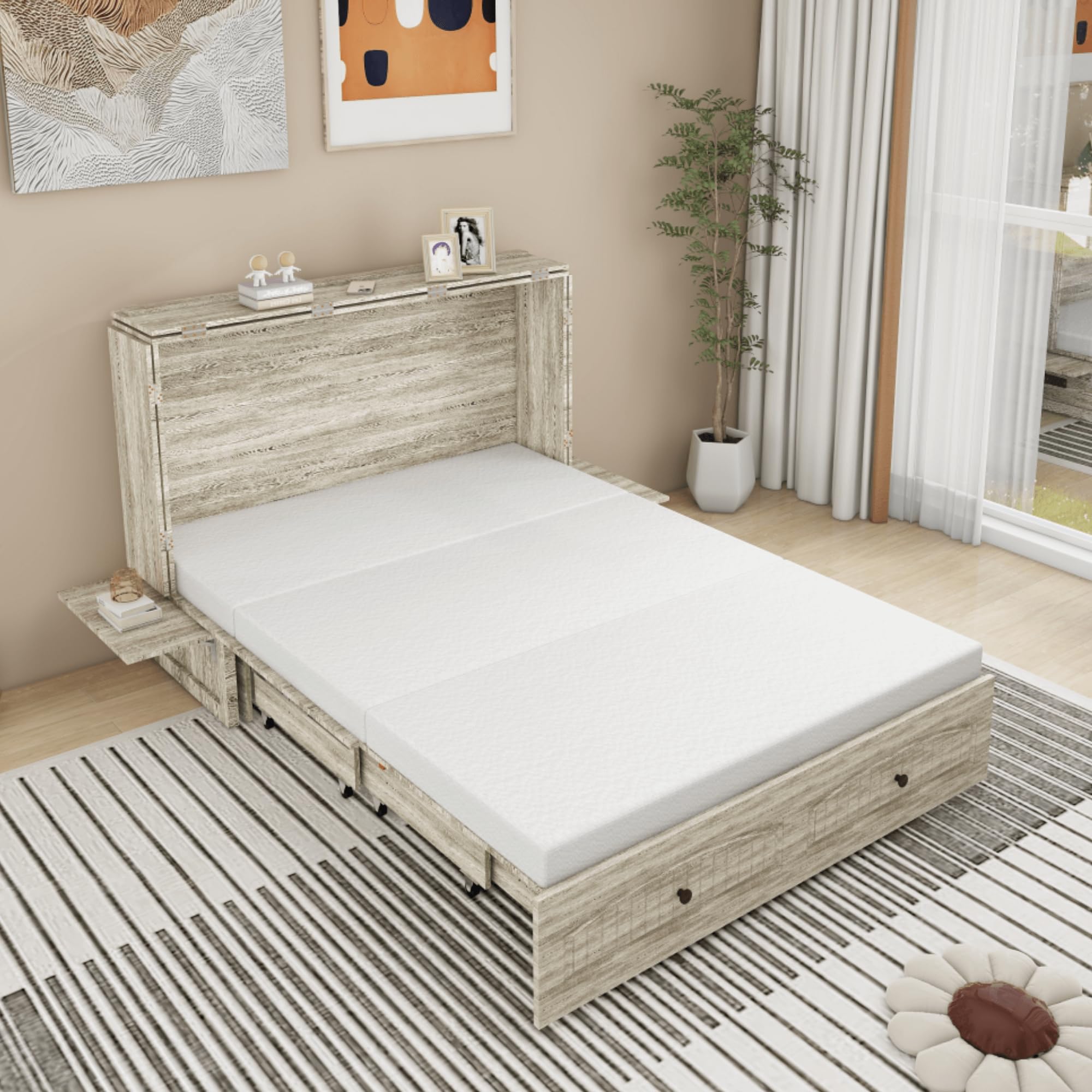 UrbEleg Murphy Bed Cabinet, Queen Murphy Bed with Drawer Includes Folding Mattress, Murphy Bed Cabinet with USB and Charging Port, Murphy Bed Queen Suit for Bedroom, Reddish-Brown Cabinet Bed, Bed
