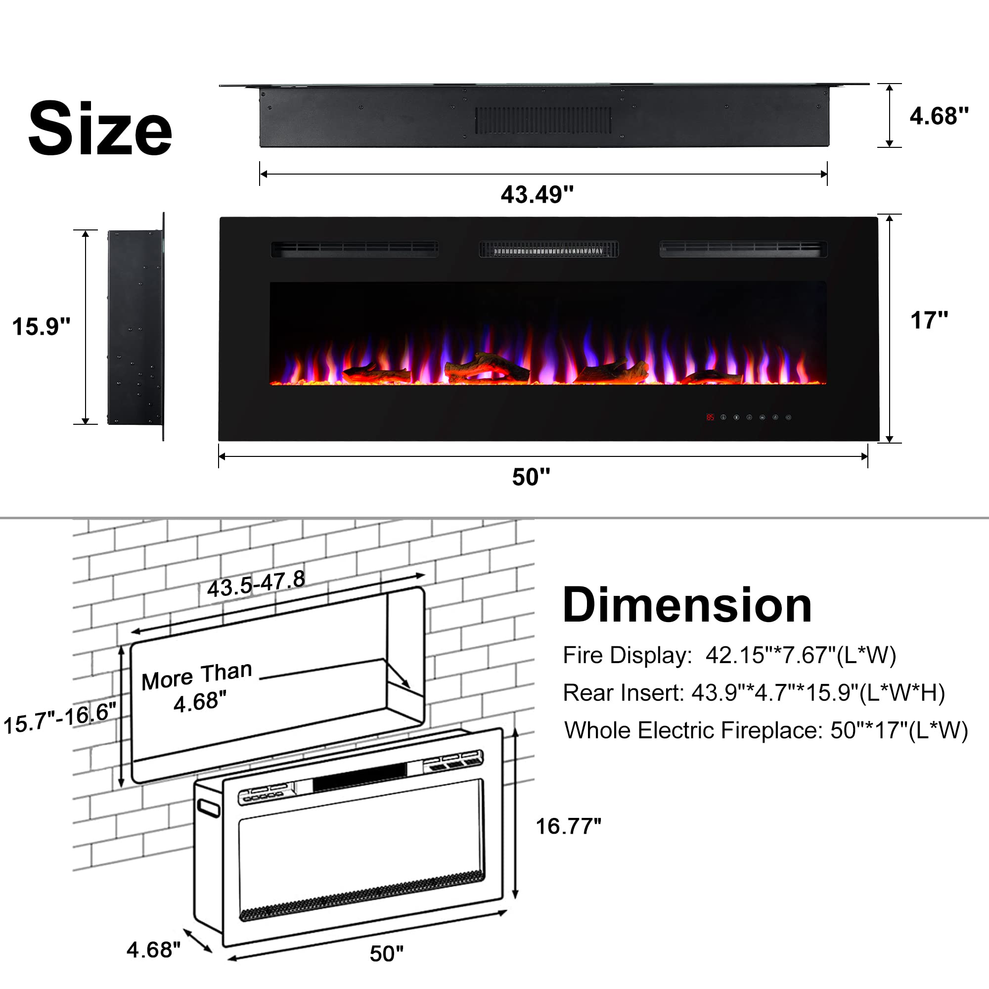 KEGIAN 50" Electric Fireplace, Wall Mounted and Recessed Electric Fireplace Inserts with Remote Control, Adjustable Flame Color, 750w/1500w, Black…