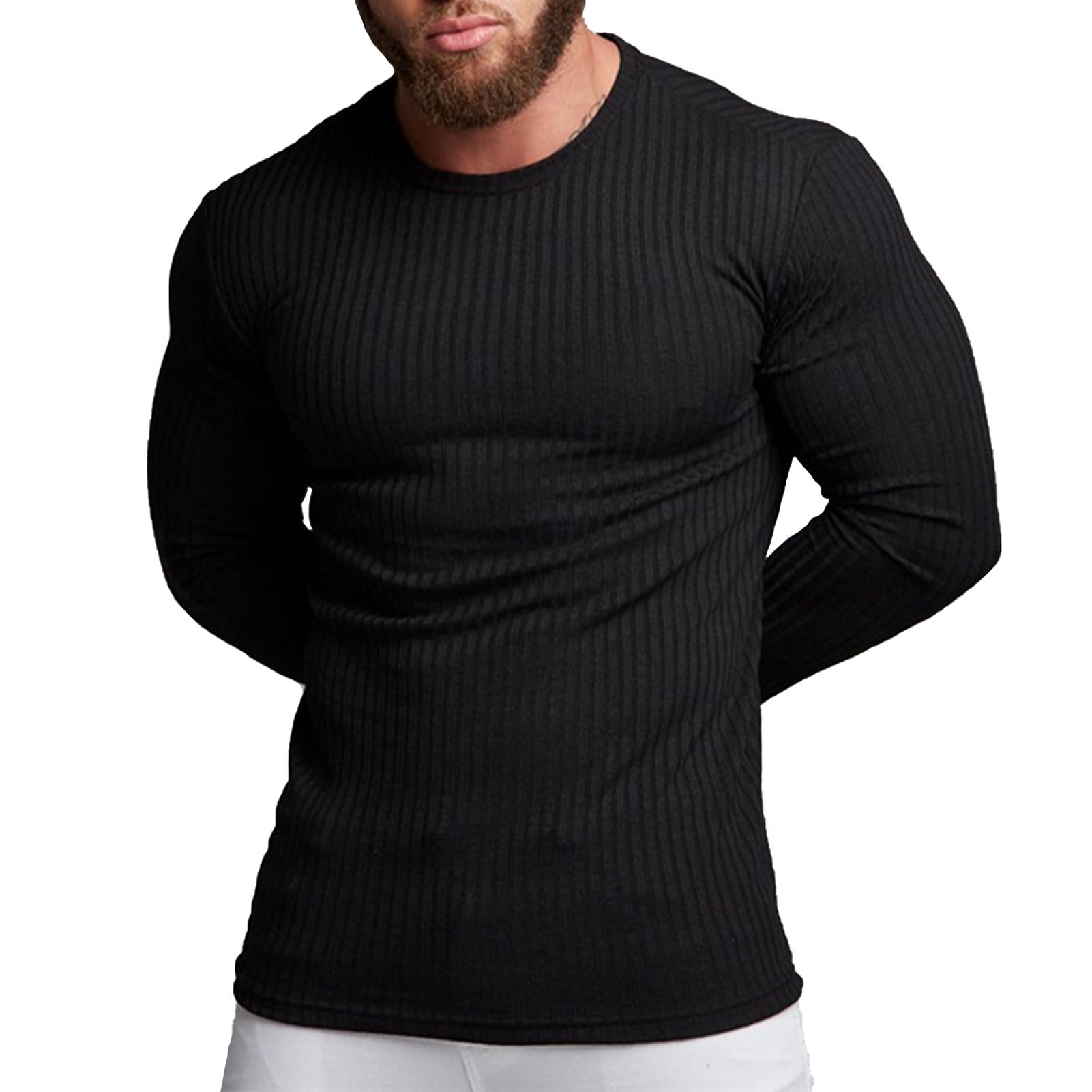 MorwenVeo Men's Muscle Slim Fit T Shirts Stretch Knit Long Sleeve Gym Workout Tee Shirts Athletic Casual Plain Basic T-Shirts