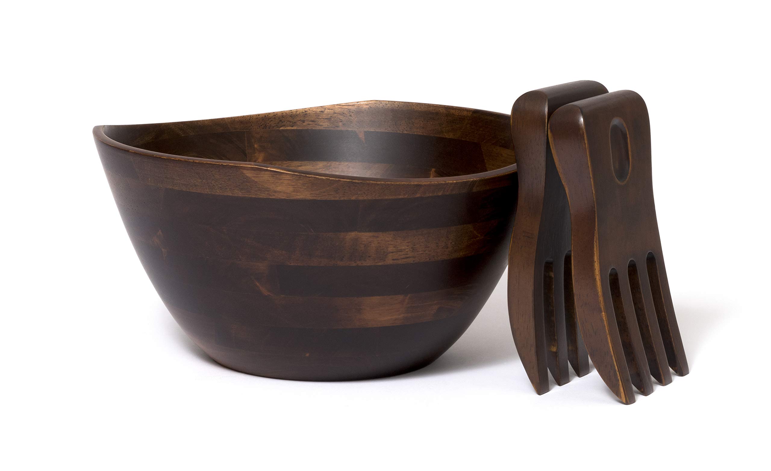 Lipper International Walnut Finish Large Wavy Rim Bowl with Salad Hands