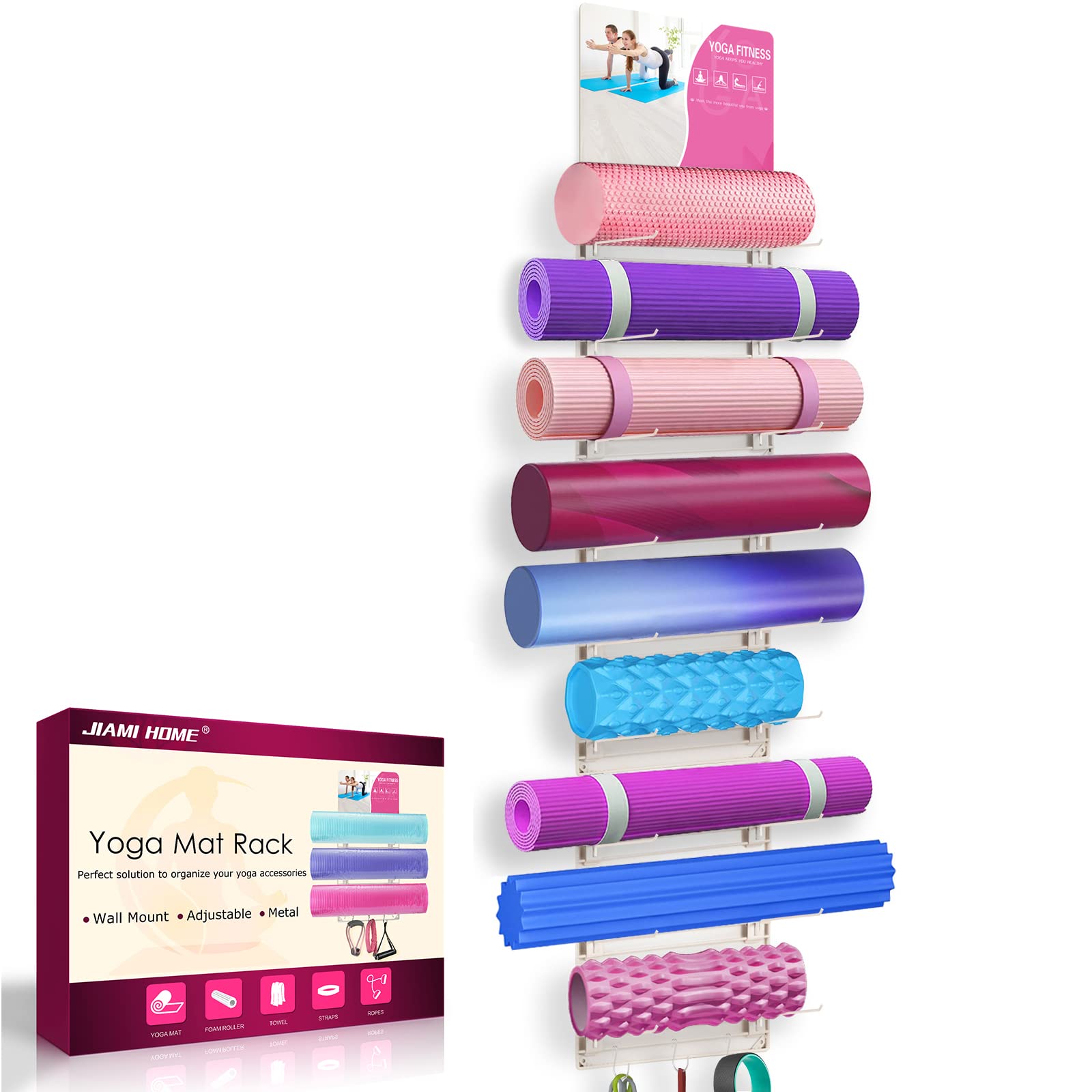 JIAMI HOME Yoga Mat Rack Wall Mount Foam Roller Storage Gym Organizer Yoga Mats Holder Yoga Mat Organizers and Storage Metal Grid Hooks Adjustable