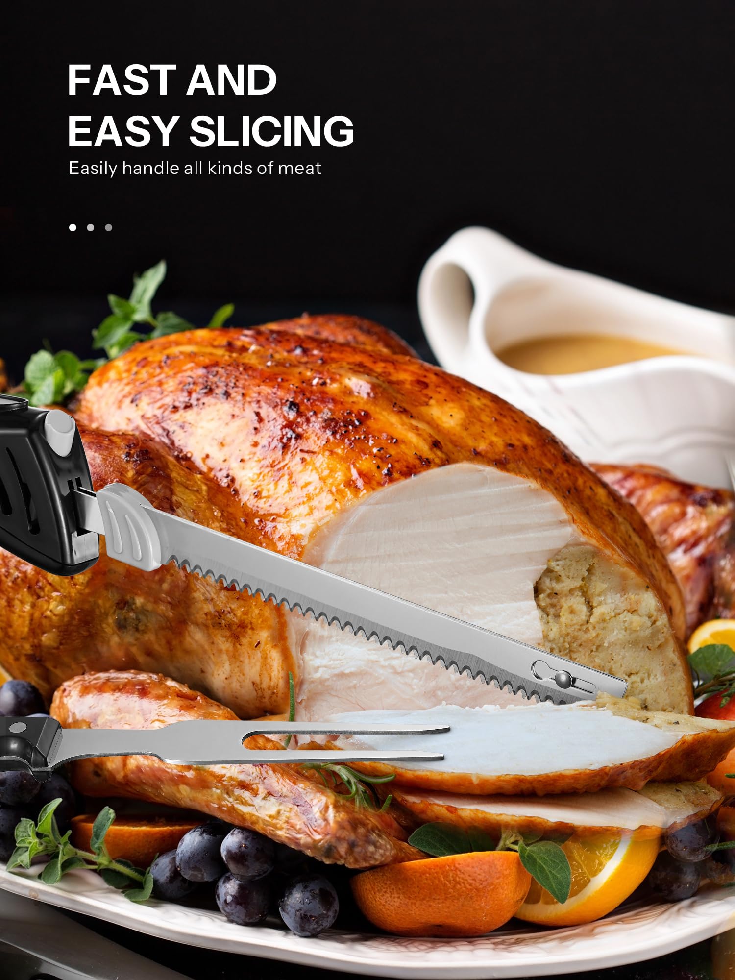 Reemix Electric Knife, Z3042 Electric Knife Set for Carving Meats, Poultry, Bread, Crafting Foam & More, 2 Blades for Meats & Bread, Fork Included (Black)