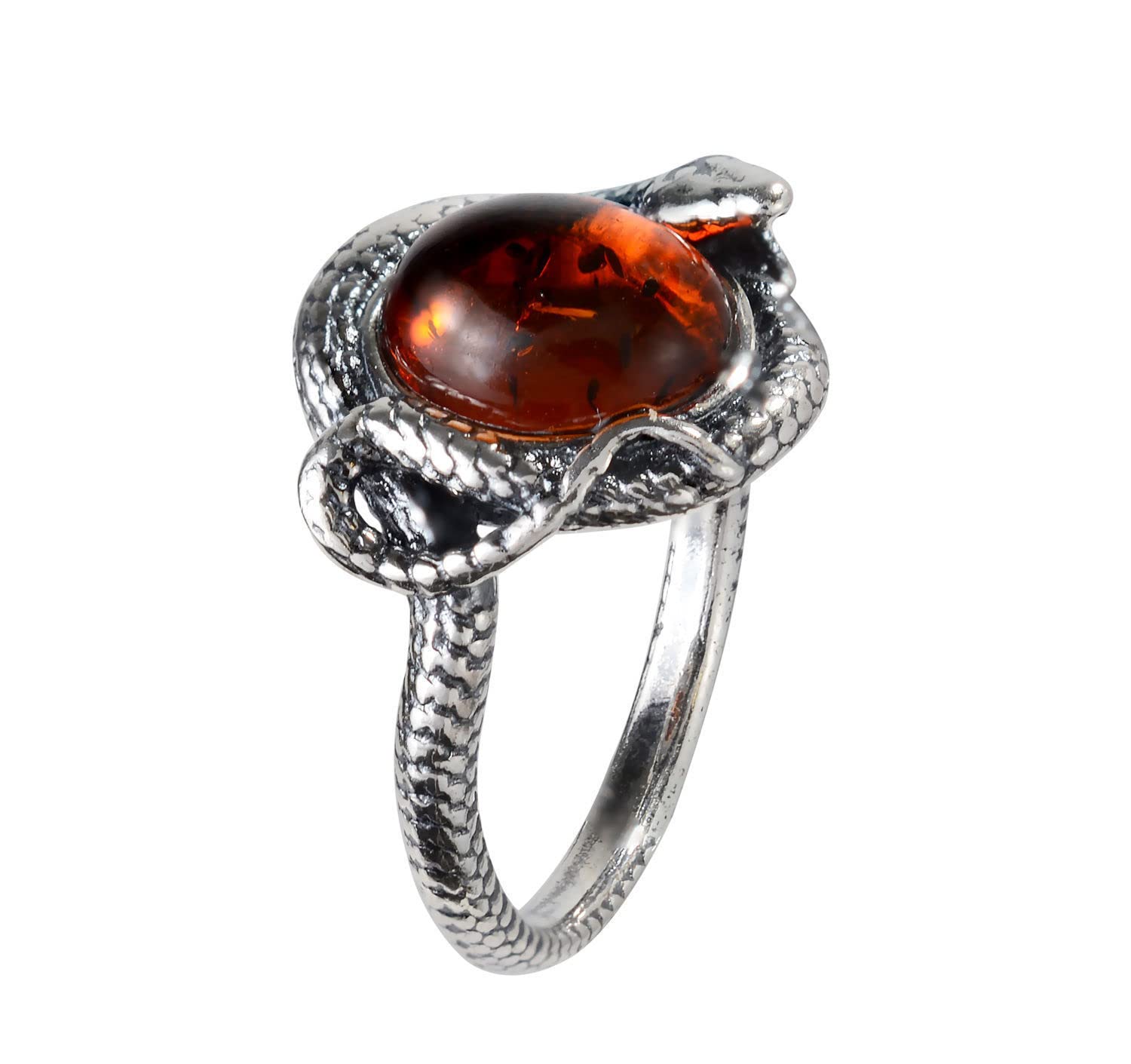 HolidayGiftShops GIA Certified Sterling Silver and Baltic Honey Amber Snake Adult Ring- size 9