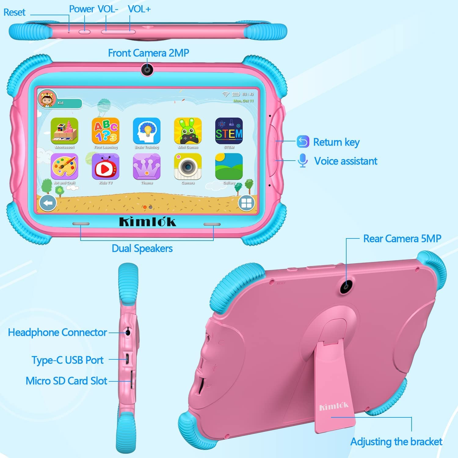 Kids Tablet, 7 inch Tablet for Kids/Toddlers, Android 11, 2GB+32GB, Parental Control APP, Dual Camera, WiFi, Bluetooth, Children Tablet with Anti-Drop Kid-Proof Case, Google Kids Space, YouTube, Pink
