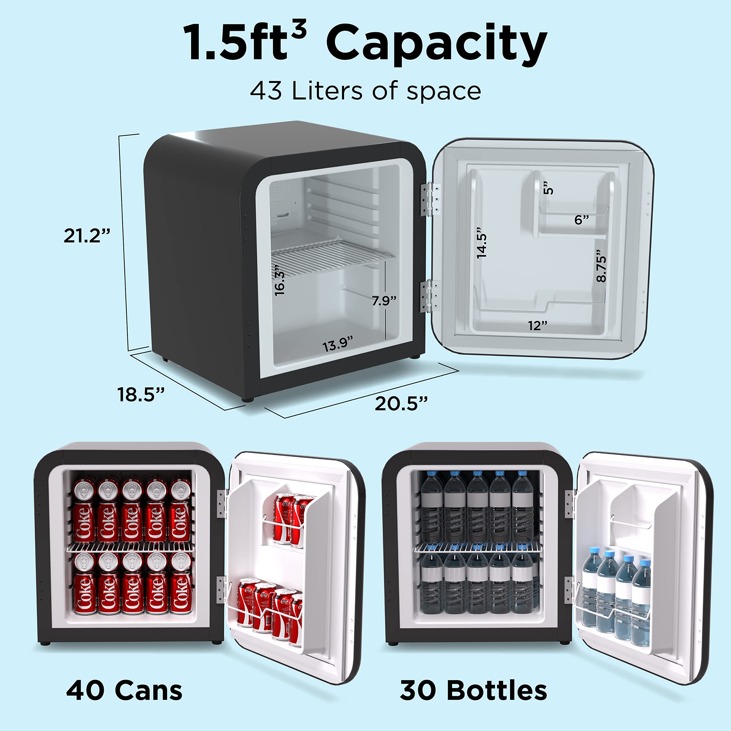 Husky Premium Retro Mini Refrigerator with 1.5 Cu.ft./43L Capacity, Countertop Mini Fridge with Reversible Door, Freestanding Mini RetroFridge for Bedroom, Bar, and Office