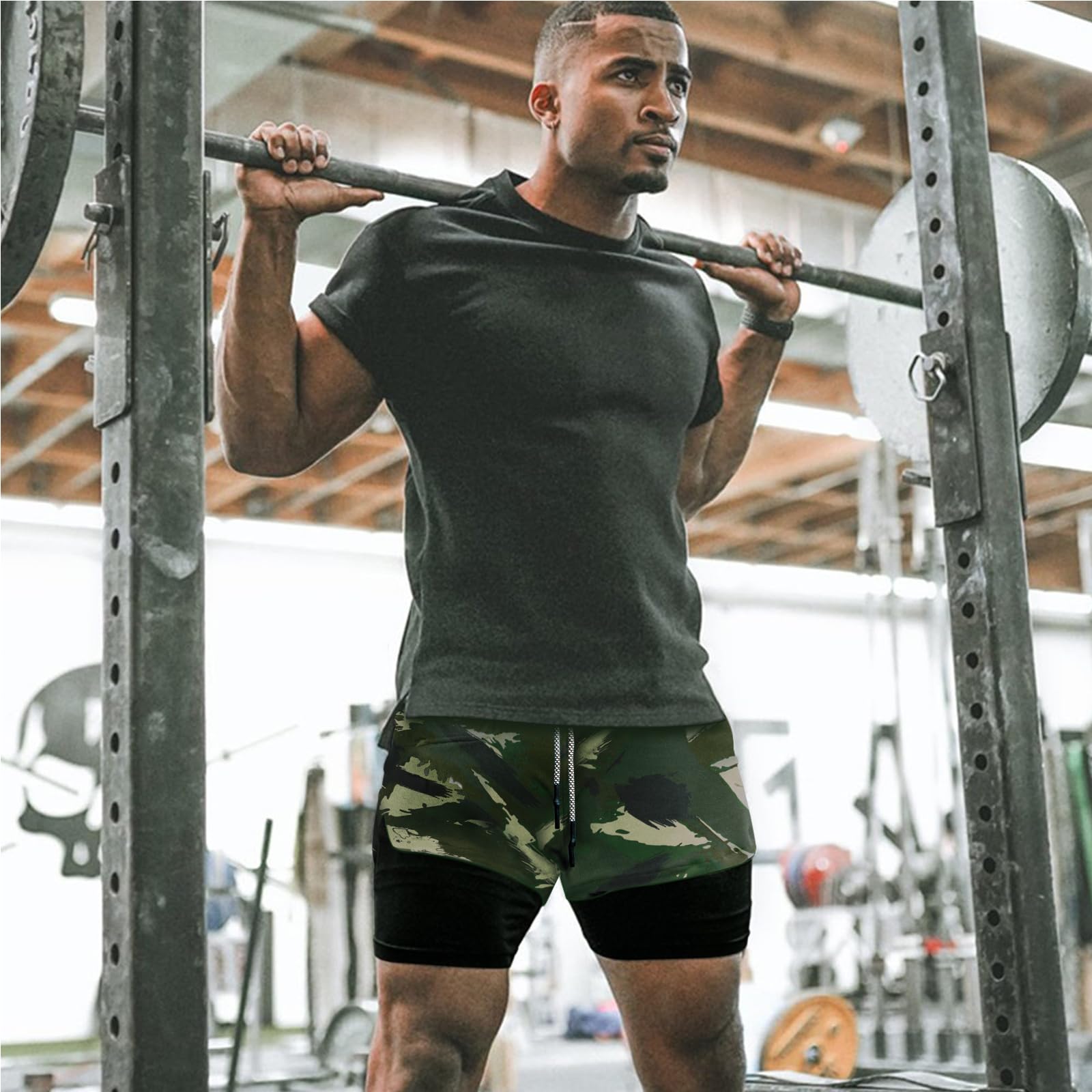 Men's 2 in 1 Workout Gym Running Shorts Athletic 7'' Dry Fit Mens Shorts Lightweight Short Pants with Compression Liner(CMGN L) Camouflage Green