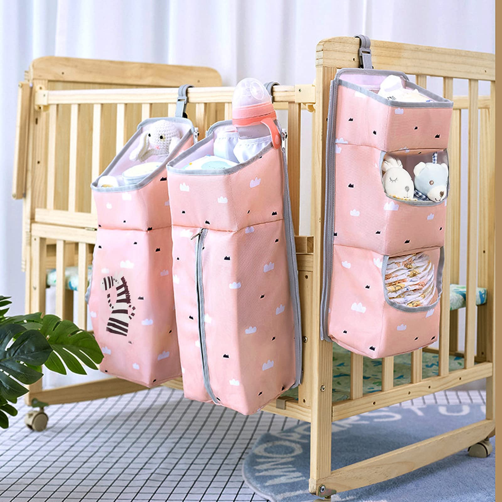Saihisday 3-in-1 Hanging Diaper Caddy For Baby Essentials, Nursery Organization Storage Holder, Detachable Hanging Diaper Organizer for Changing Table, Travel Organizer Bag for RV Camper (Pink)