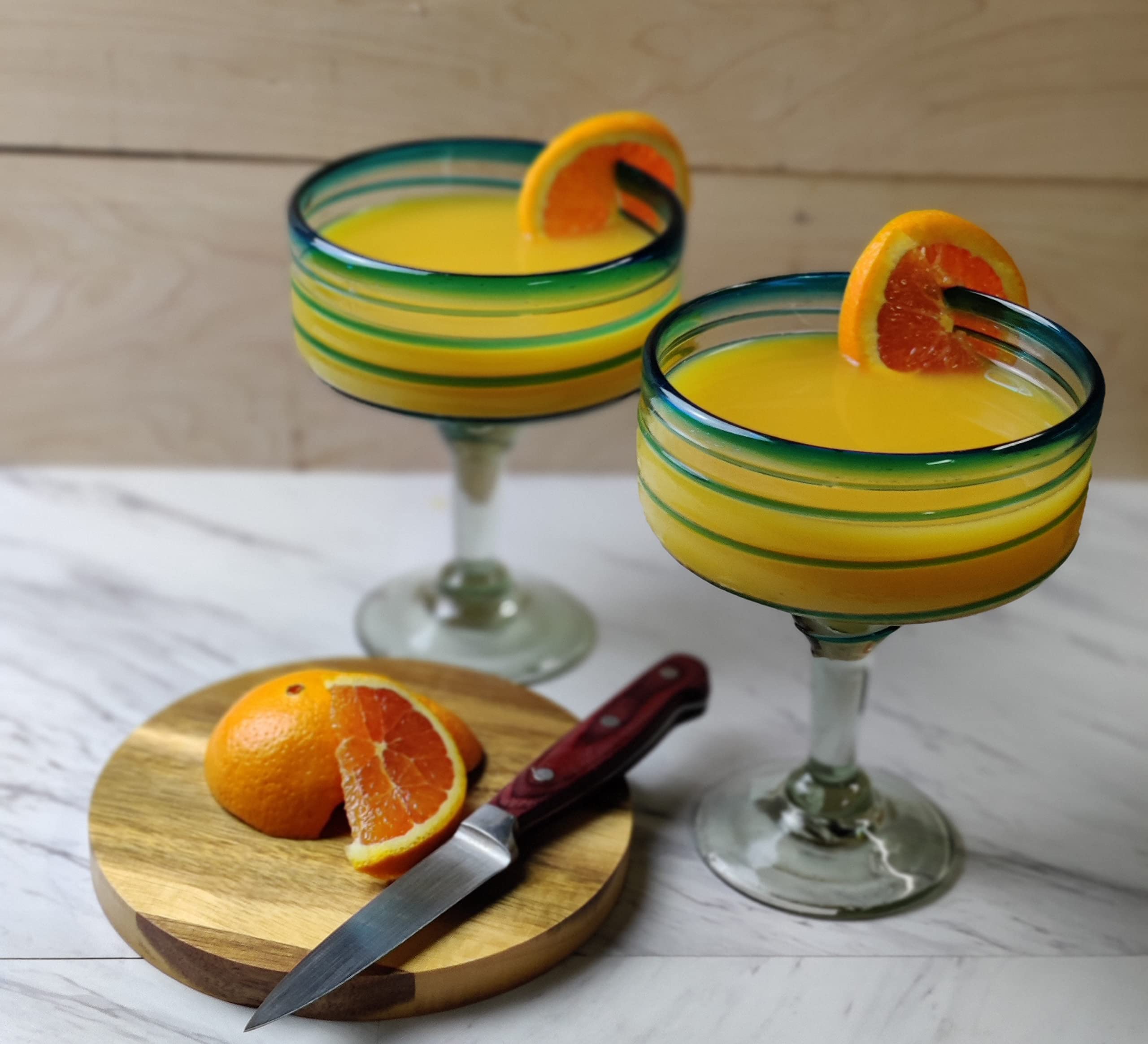 Mexican Hand Blown Glass – Set of 4 Hand Blown Margarita Glasses (16 oz) with Aqua Spiral Design