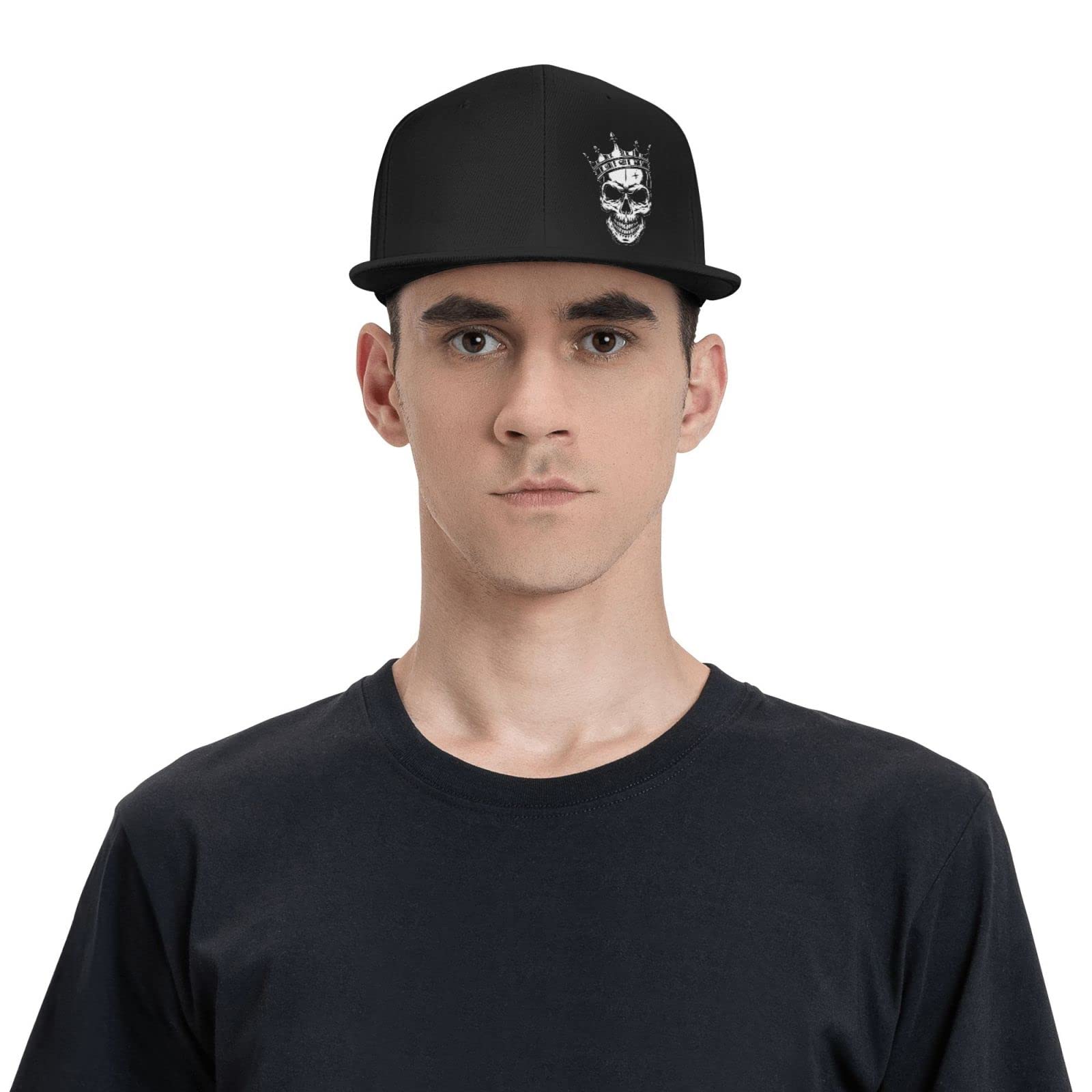 My Moreyea Black Unisex Flat Brim Baseball Cap Adjustable Fashionable Snapback Hats for Men and Women King Skull