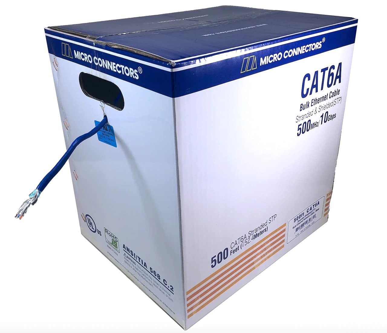 MICRO CONNECTORS 500 Feet Cat6A Stranded-Double Shielded (STP) Bulk Ethernet (26AWG) Cable (Blue) with 20 cat6A/7 Connectors (Model: TR4-570SSBL-KIT)