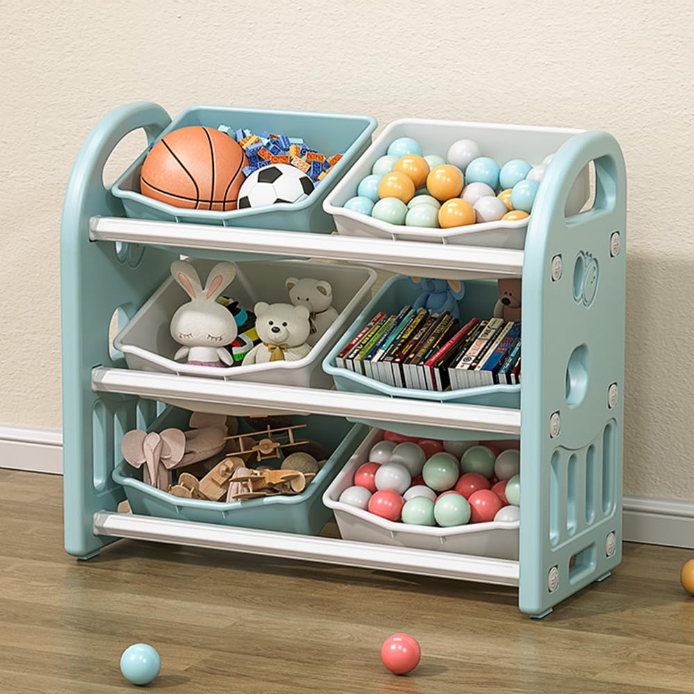 Kids Toy Storage Organizer, 3-Tier Multi-Functional Toy Shelf and 6 Toy Bins, Large Storage Capacity Toy Storage Cabinet for Kids Room, Playroom, Nursery Room(Light Blue)