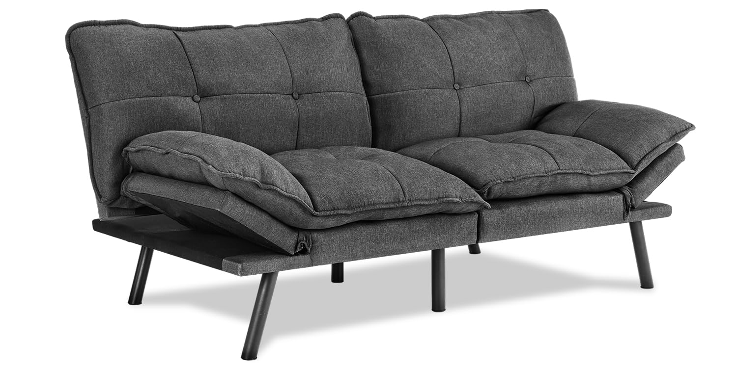 Sweetcrispy Sofa Couch, Futon Sofa Bed, Loveseat Sleeper Futon for Living Room, Foldable Memory Foam Furniture, Convertible Full Size Sofa, Adjustable Backrest and Armrests, Linen, Dark Grey