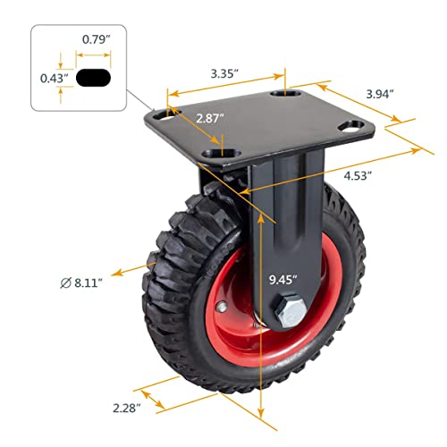 POWERTEC 8 Inch Heavy Duty Fixed Caster Wheels, Pneumatic Plate Casters with Rubber Knobby Tread for Workbench, Dolly, Cart, Trolley, Wagon & Chicken Coop, Large Castor Wheels, 1pk (17053)