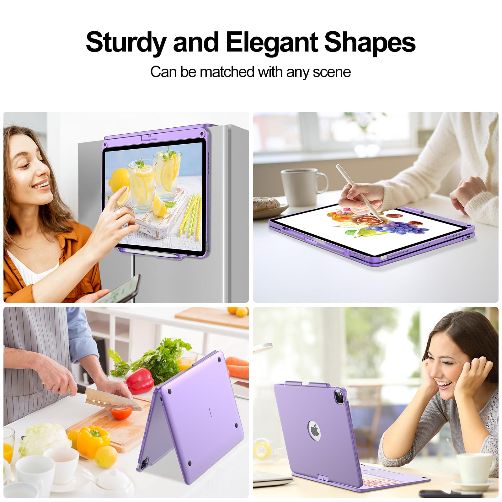 SENGBIRCH Touch Keyboard Case for iPad Pro 12.9-inch (3rd, 4th, 5th, 6th Generation) - 7 Colors RGB Backlit, 360° Swivel Hard Shell with Pencil Holder, Purple