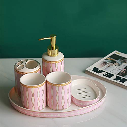 Liquid soap Box Ceramic Soap Dispenser Set Mug Toothbrush Holder Soap Dish and Practical Tray 6 Sets of Creative Fashion Wedding Housewarming Soap Bottle (Color : Blue) (Pink B)