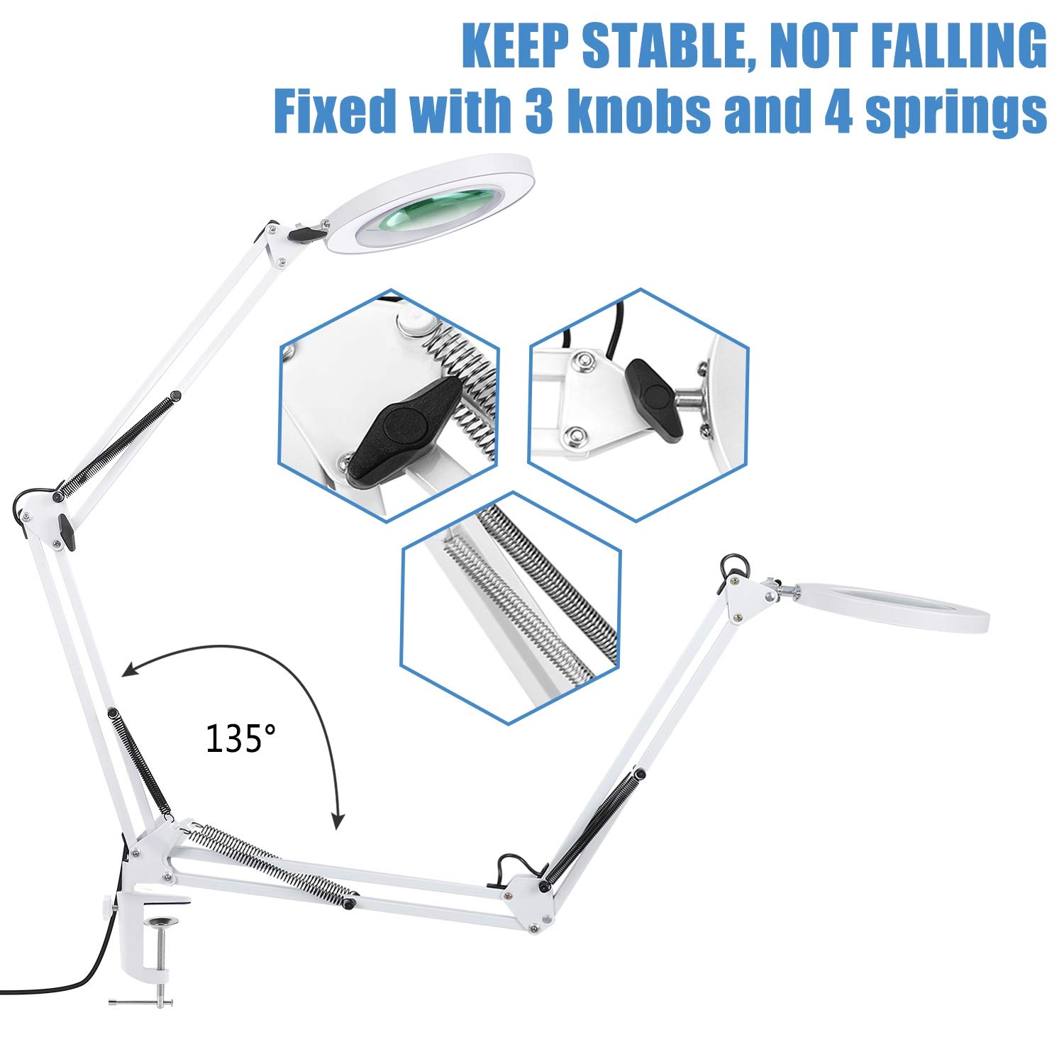 LANCOSC Magnifying Desk Lamp, 10X Real Glass Lens, 3 Color Modes, Stepless Dimmable, Adjustable Swivel Arm with Clamp, LED Magnifier Light and Stand for Crafts, Reading, Close Work - White