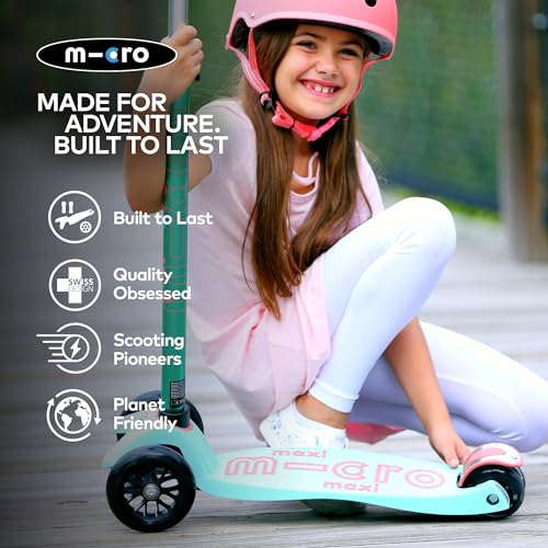 Micro Kickboard - Maxi Deluxe LED 3-Wheeled, Lean-to-Steer, Swiss-Designed Micro Scooter for Kids with LED Light-up Wheels, Ages 5-12 (Mint)