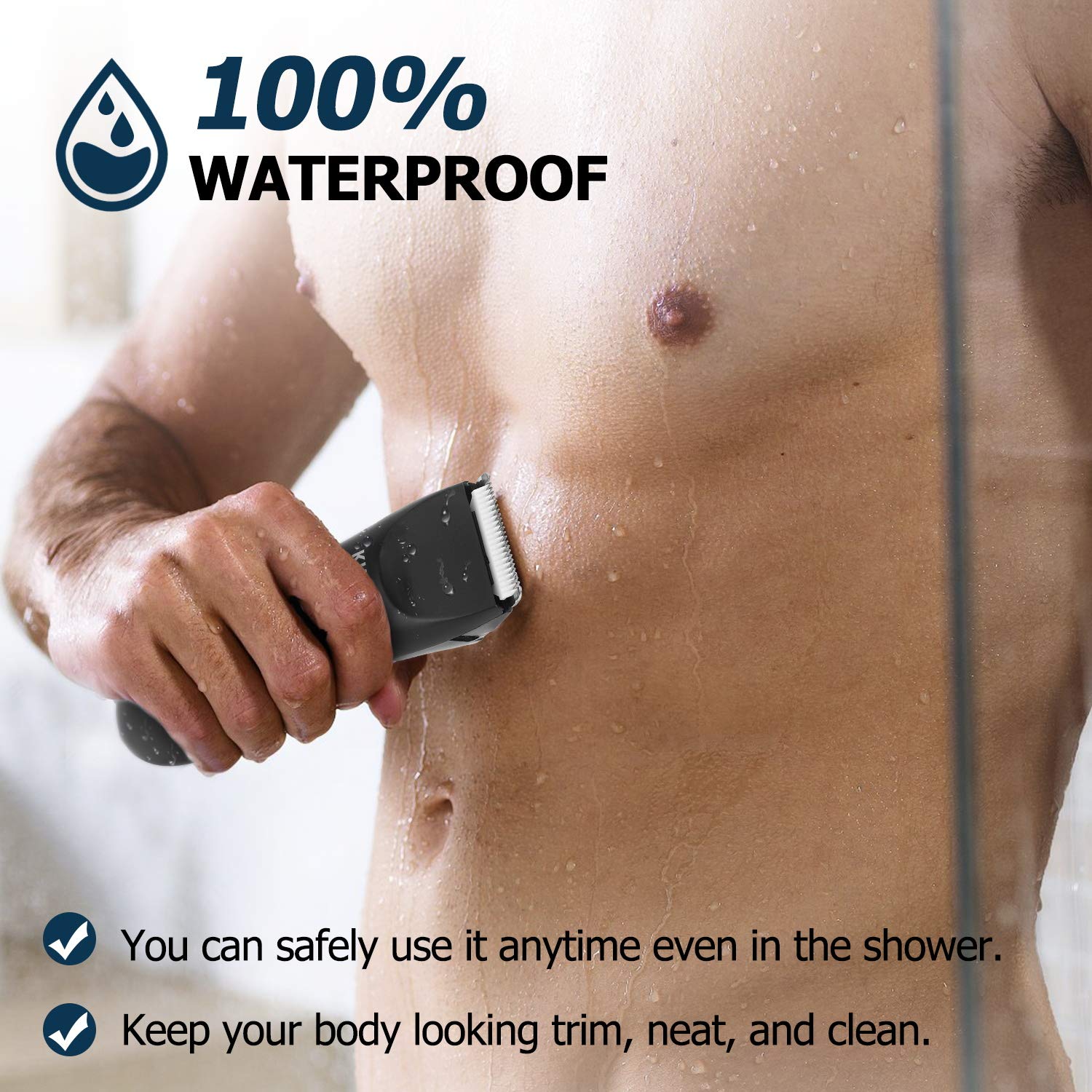 Kilison Groin Hair Trimmer for Men, Waterproof Wet/Dry Body Trimmer with 2 Removable Ceramic Blade, Electric Beard Trimmer for Ultimate Male
