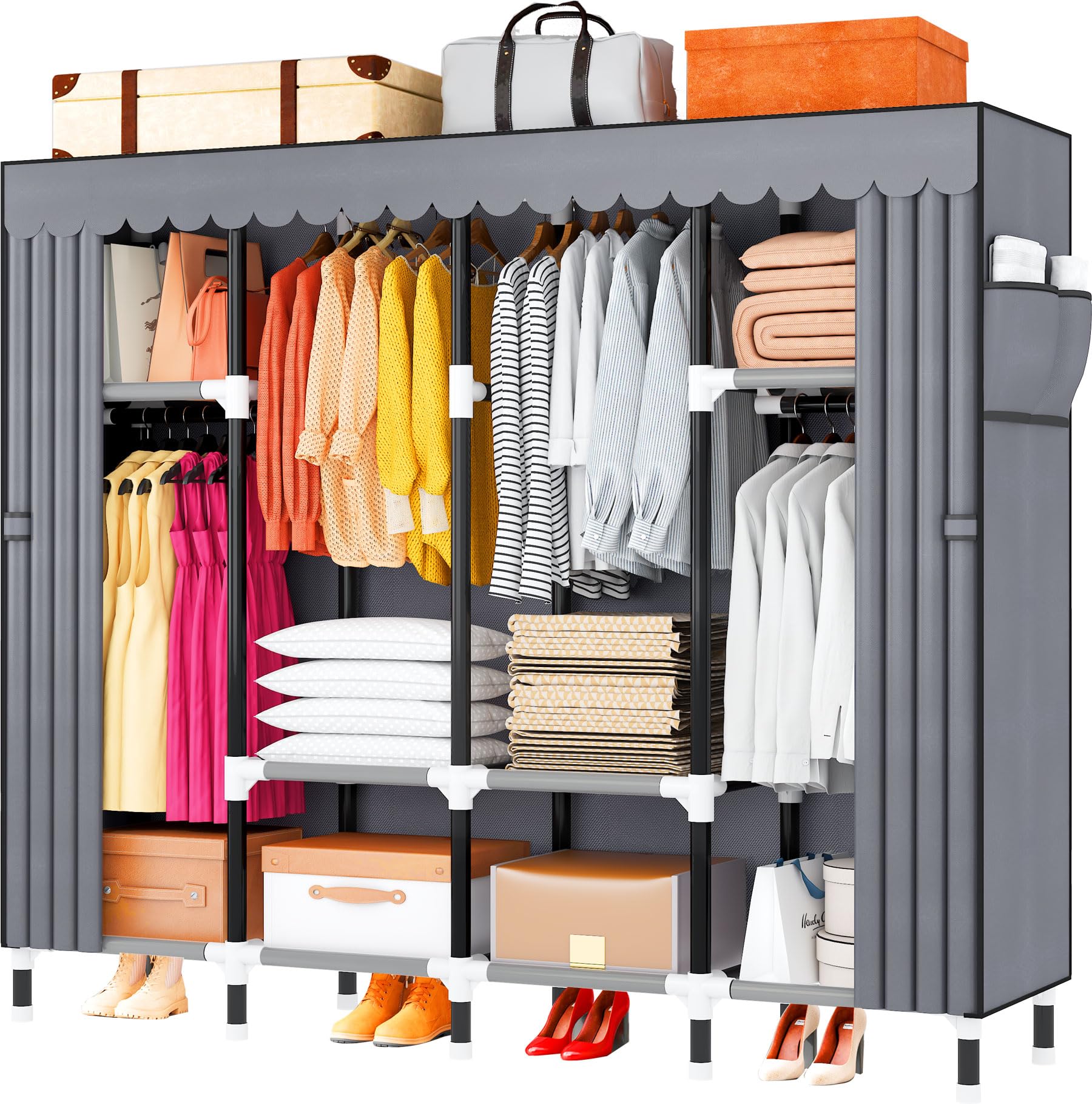 KEKIWE Portable Closet, 69 Inch Wardrobe Closet for Hanging Clothes with 4 Hanging Rods, 8 Storage Shelves, Side Pockets, Strong and Durable 25mm Metal Tube, Quick and Easy to Assembly, Grey