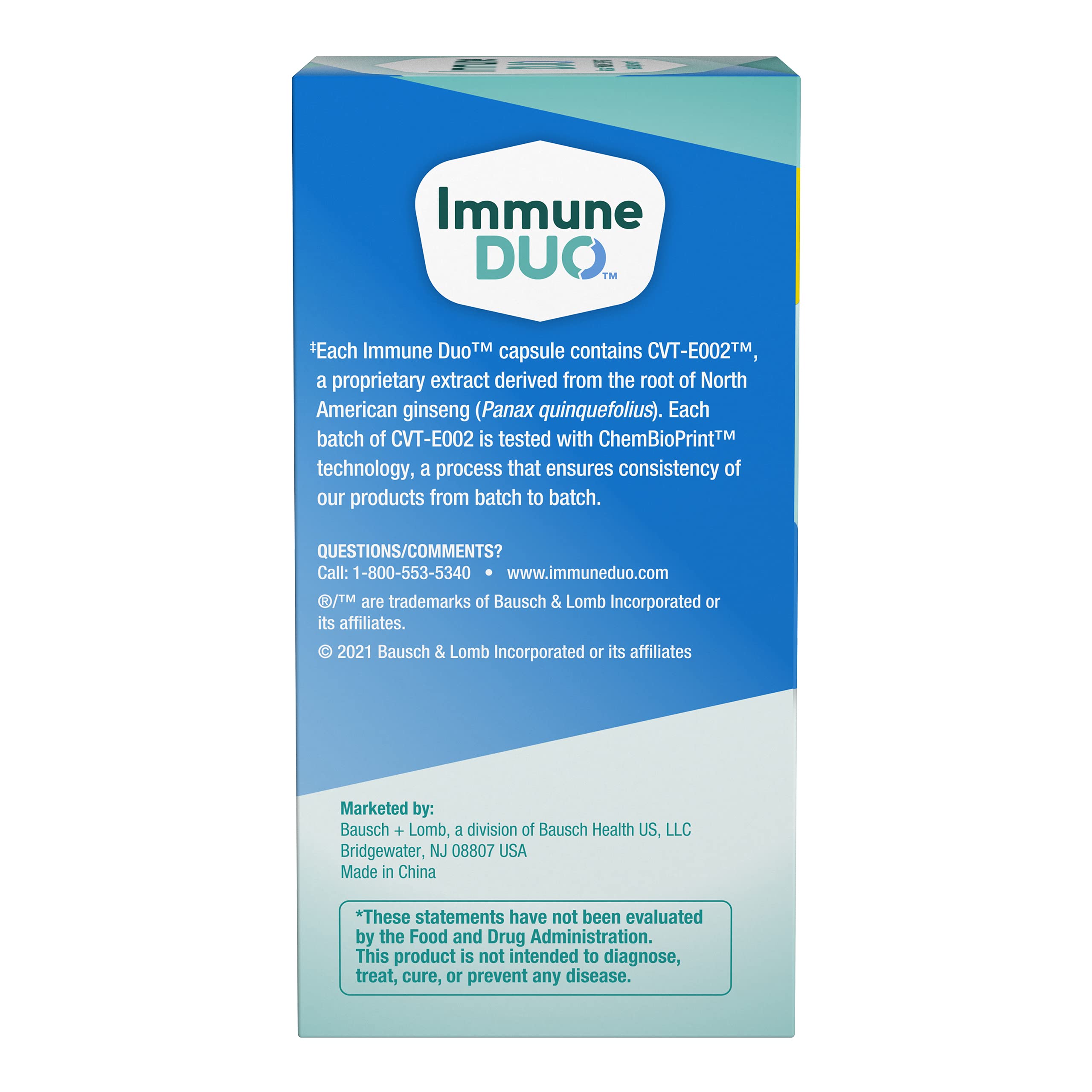 Immune Duo Ginseng Immune Support, American Ginseng Extract, Dietary Supplement, Naturally Derived, 60 Capsules, 200mg, Multi