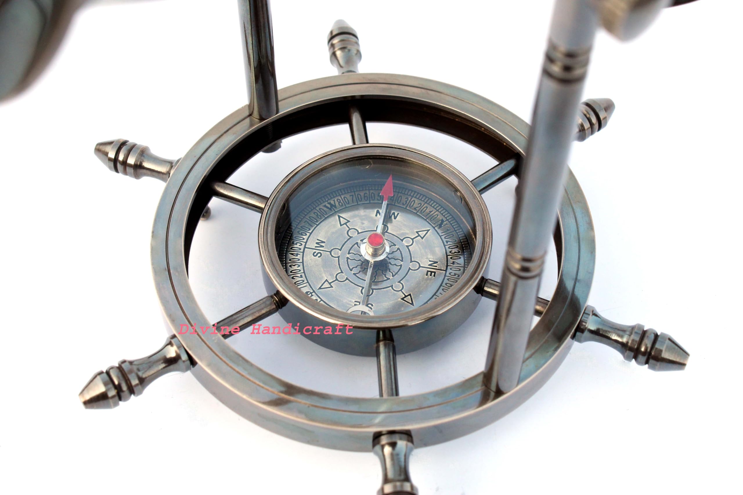 Nautical Maritime Black Antique Full Brass Sand Timer Hourglass with Wheel Compass Base