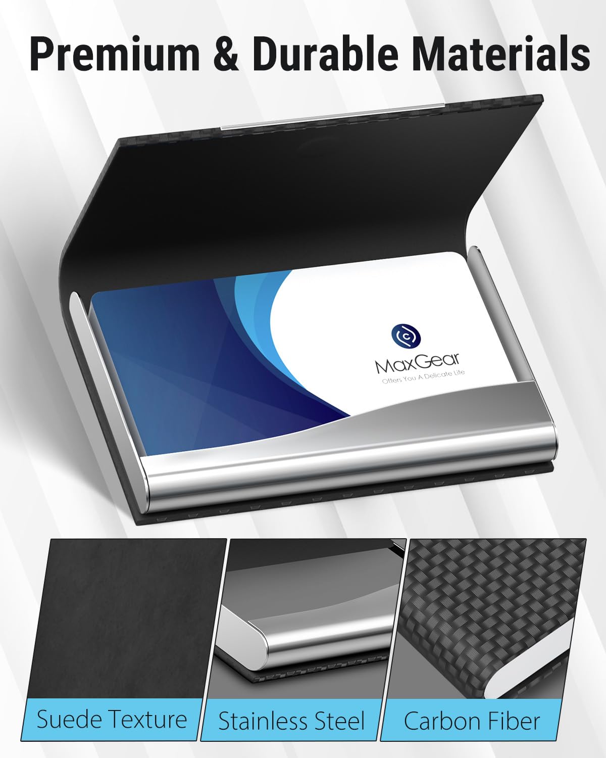 MaxGear Business Card Holder, PU Leather Business Card Case for Men & Women, Professional Business Card Holder Organizer with RFID Blocking, Black Carbon