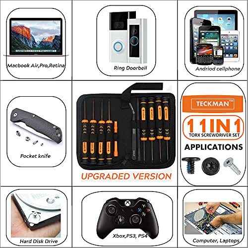TECKMAN 11 in 1 Torx Screwdriver Set with T3 T4 T5 T6 T7 T8 T9 T10 Security Torx Screwdriver & Tweezer,Magnetic Screwdrivers Precision Repair Kit for Xbox,PS4,Macbook,Computer,Ring Doorbell & Knife
