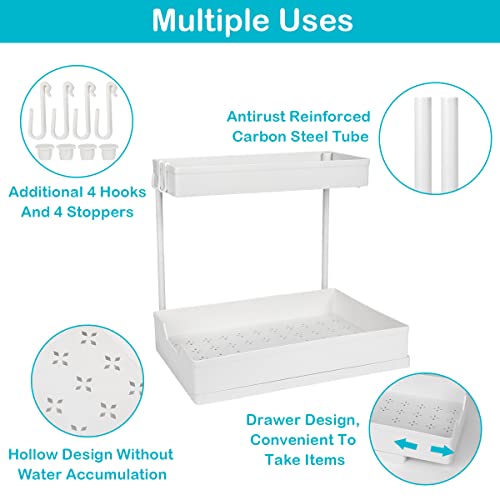 MILILOVE Under Sink Storage Organizers, Bathroom Countertop Organizer, 2-Tier Sliding Kitchen Cabinet Organization, with Hooks, Multi-purpose Shelf Organizer, For Kitchen Bathroom Bedroom Office